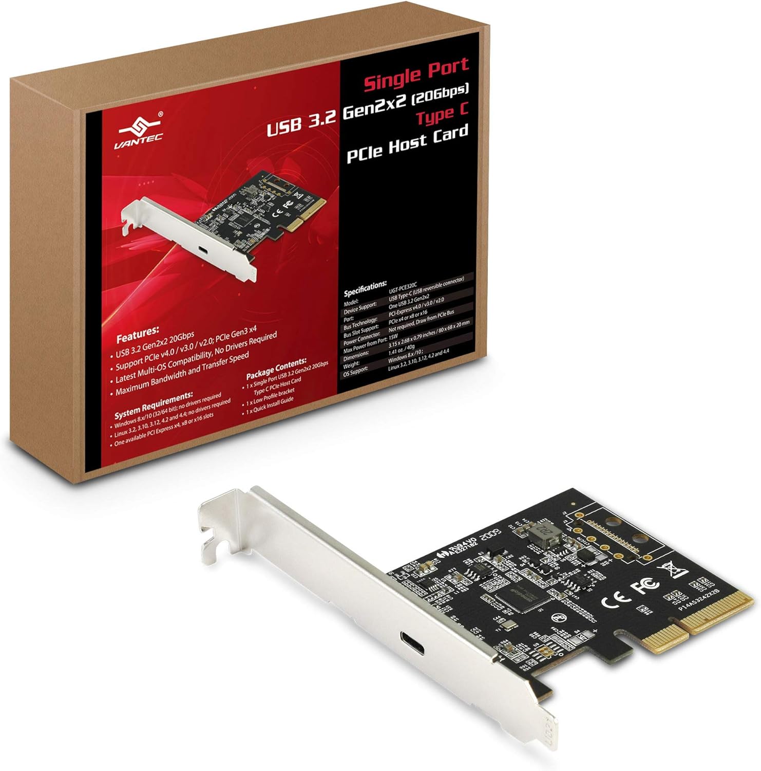 Vantec Single Port USB 3.2 Gen2x2 20Gbps Type C PCIe Host Card (UGT ...