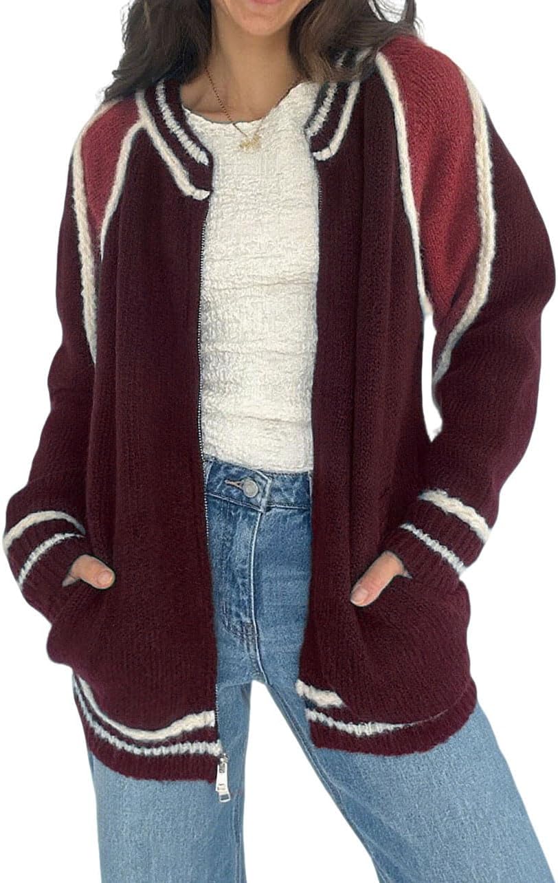 CHARTOU Casual Zip Up Sweaters for Women Fall Color Block Open Cardigan ...