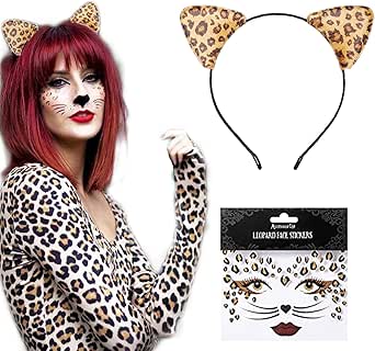Leopard Costume Set for Girls Kids, Leopard Cheetah Cat Ears Headband with Leopard Temporary ...