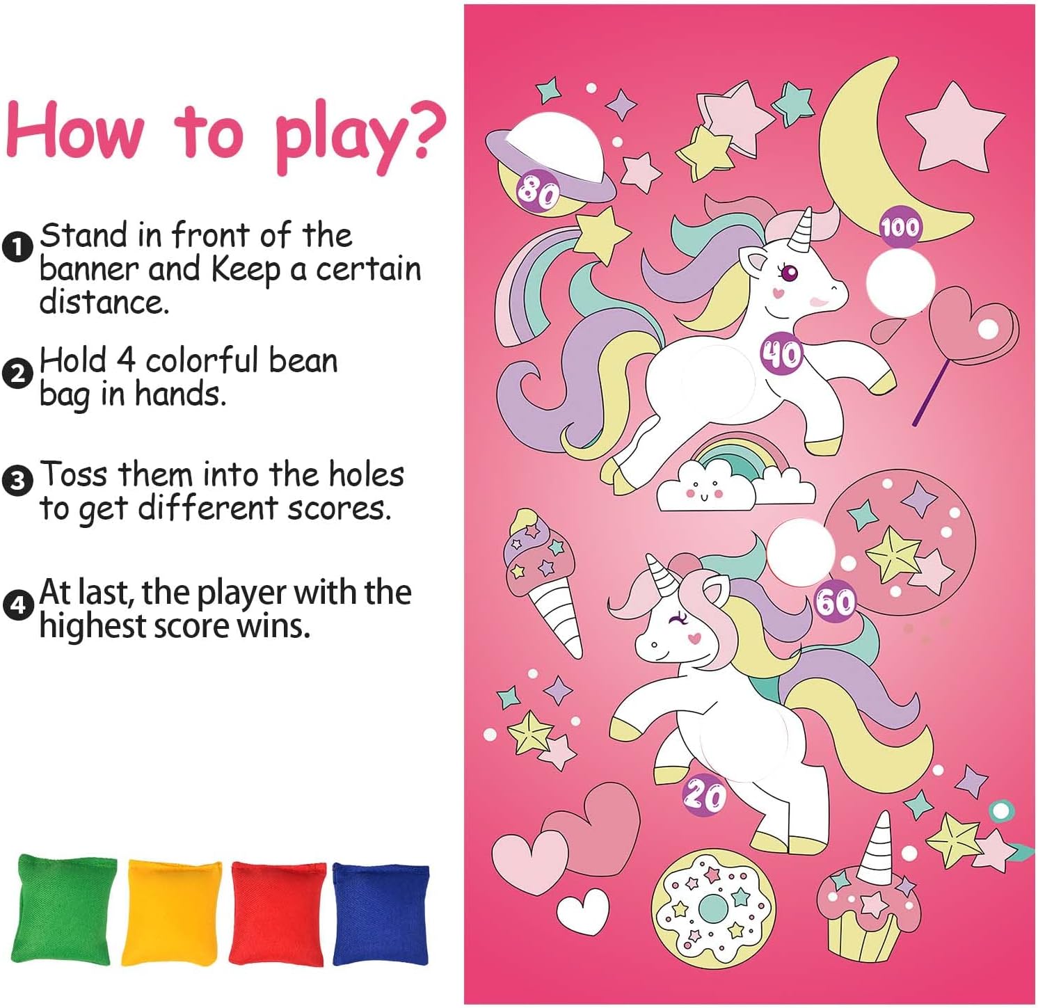 Unicorn Toss Game Banner with 4 Bean Bags, Fun Indoor Outdoor Throwing ...