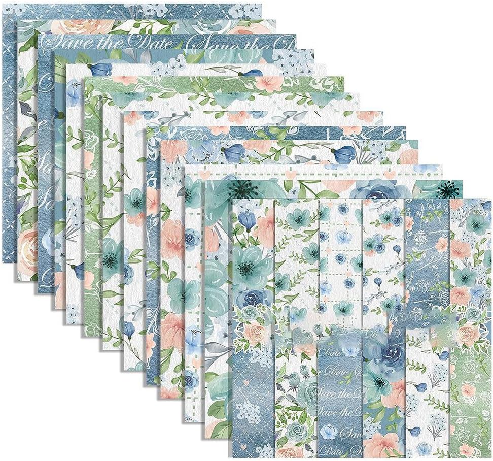 Sknrlko 12x12Inch Double-Sided Watercolor Floral Cardstock Blue 24 Sheets Spring Blue Rose ...