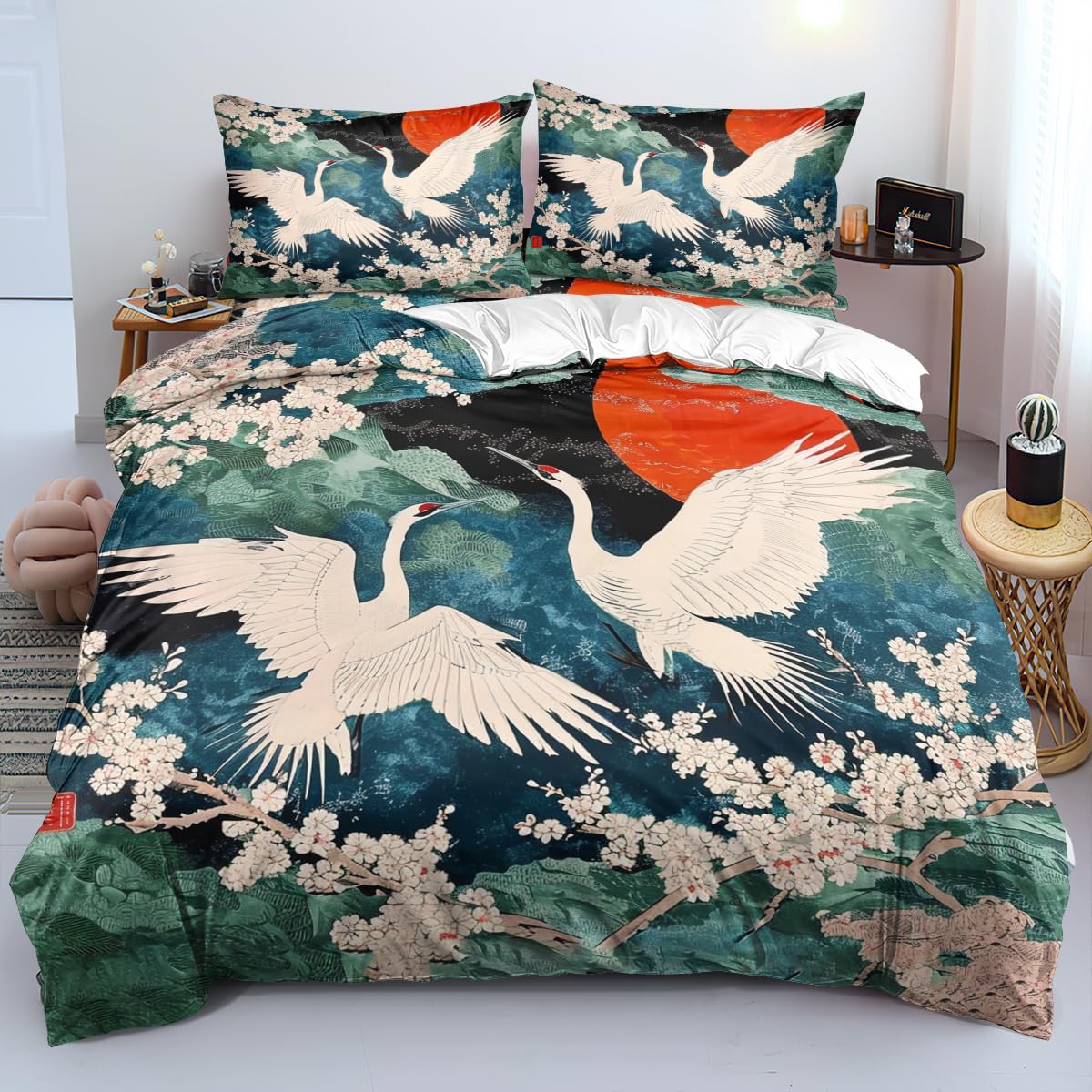 Amazon.com: CCoutueChen Cherry Blossom Crane Comforter Duvet Cover ...