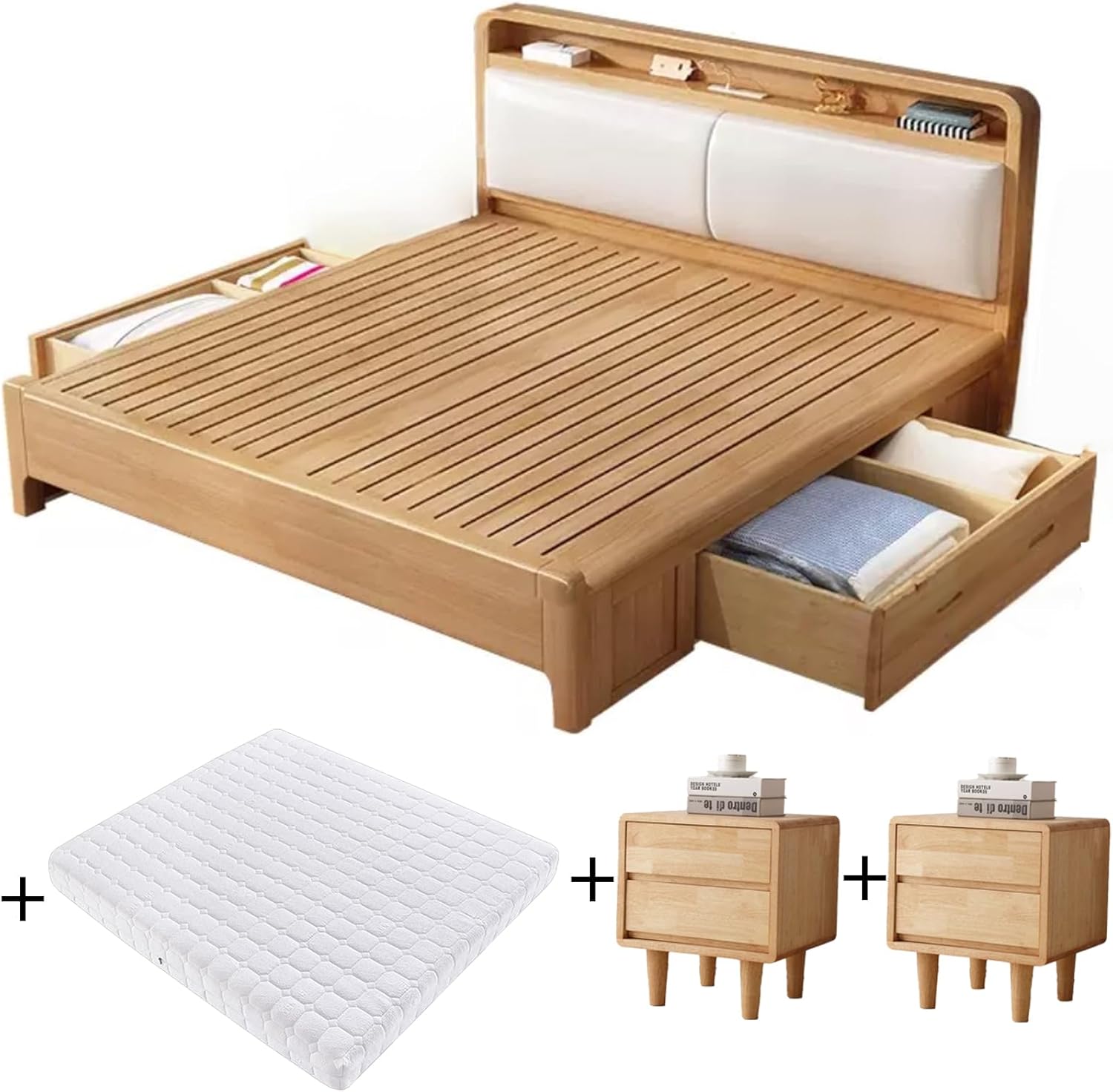 Amazon.com: Solid Wood Bed Frame with Mattress and 2 Nightstand ...