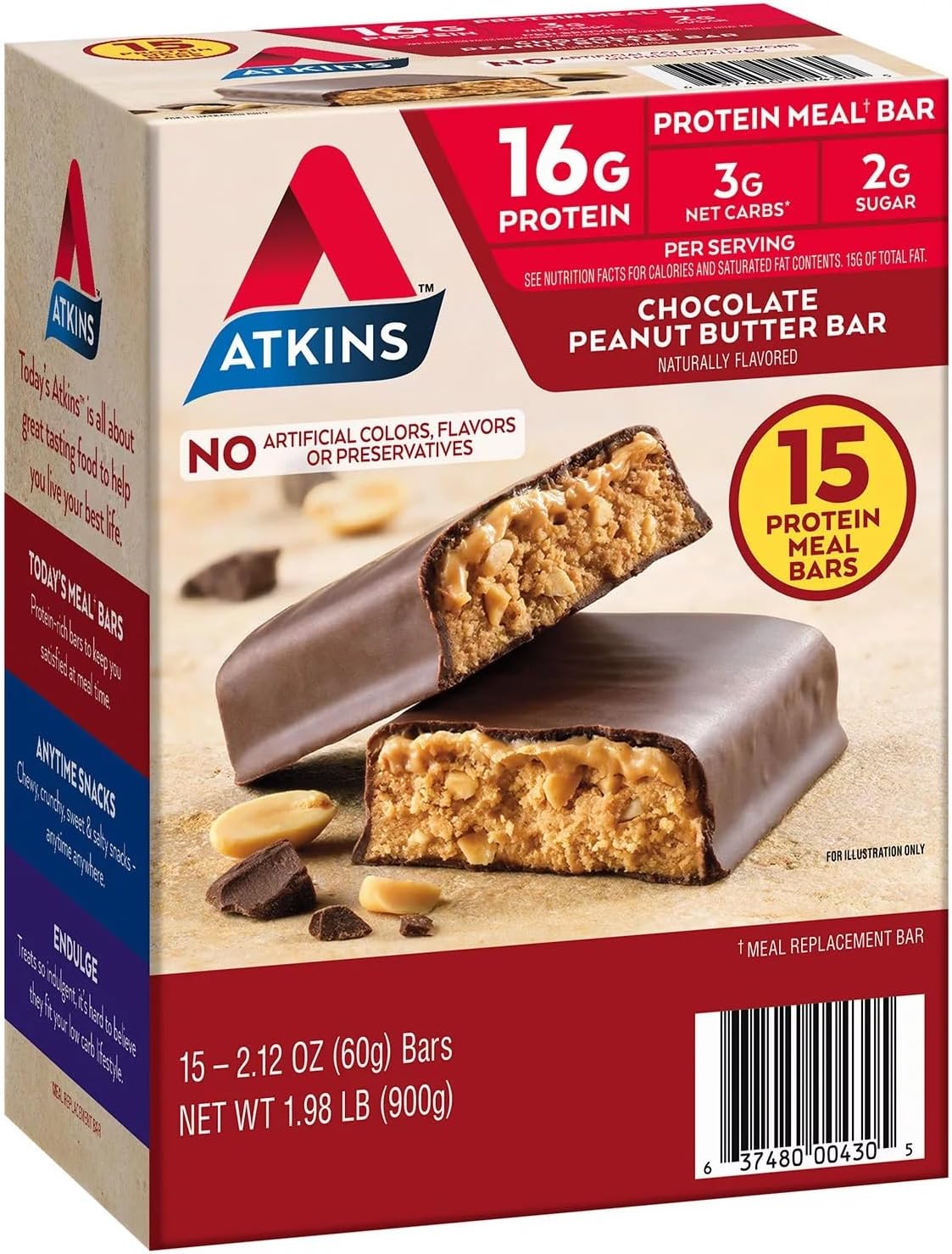 Atkins Barras de comida de chocolate con mantequilla de maní, altas en fibra, 0.56 oz de ...