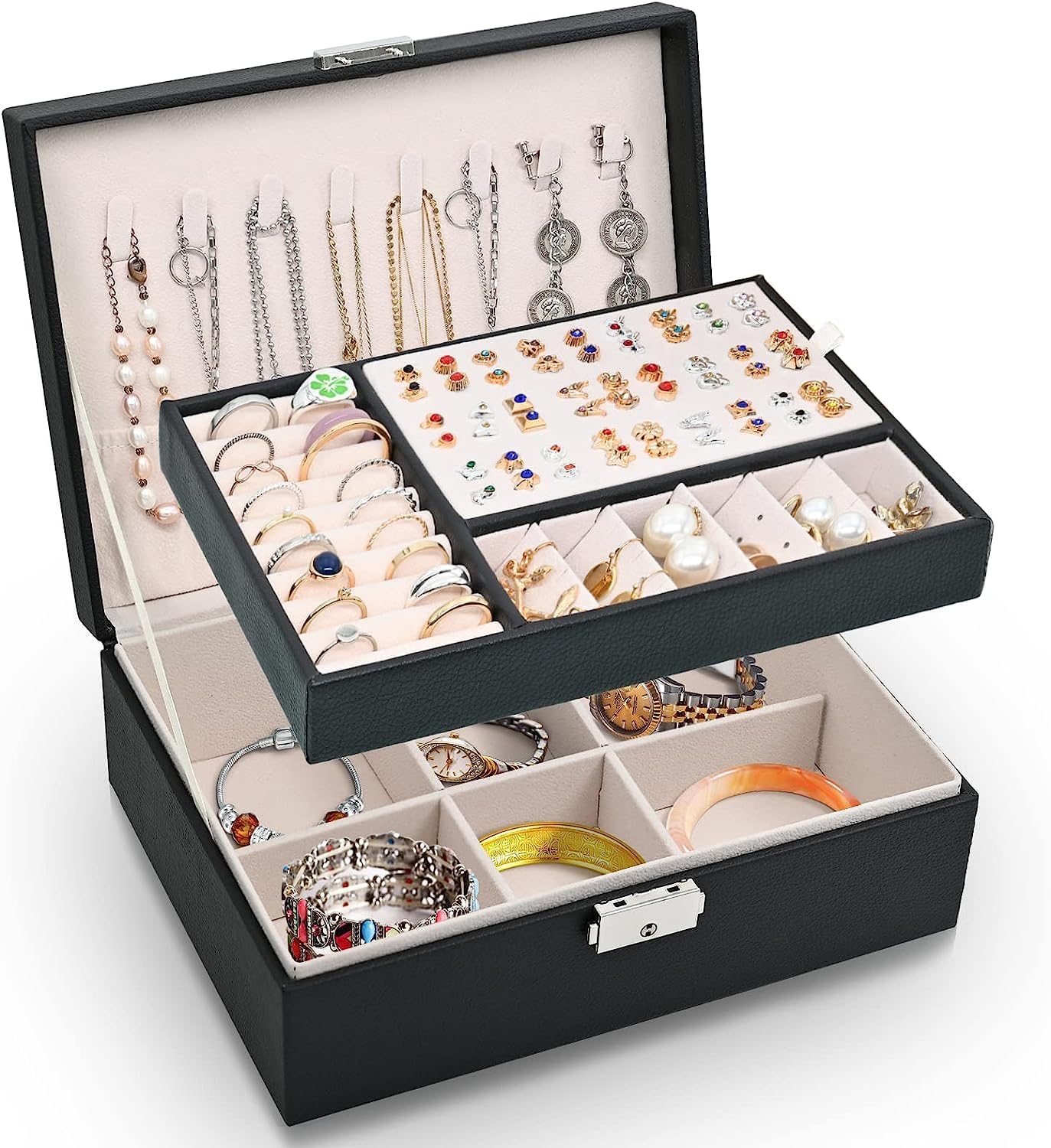 TBONEEY Caja Joyero para Mujer Organizador Joyas de PU de 2 Capas con ...