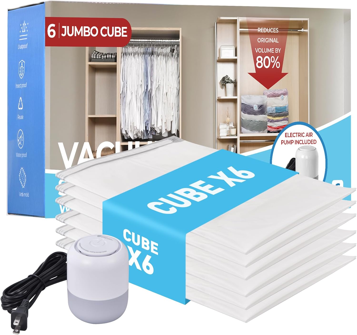 Amazon.com: 6 Pack Cube Vacuum Storage Bags with Electric Air Pump ...