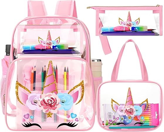 Amazon.com: Kacctyen 3 Pcs Pink Clear Backpack Heavy Duty for Girl Boy ...