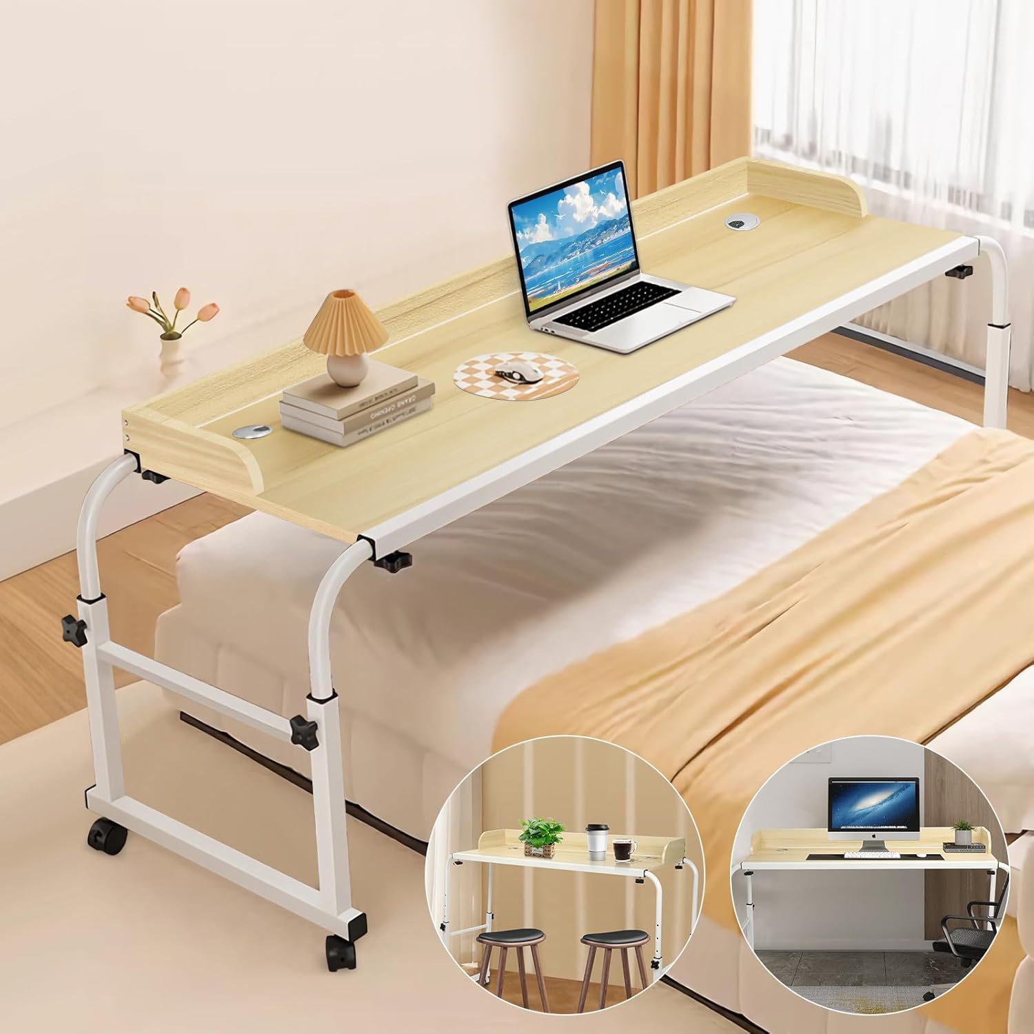 Amazon｜WOWQ ベッドテーブル キャスター付き 高さ調整55-85cm 横幅調整140-200cm 移動はスムーズ 机の幅は広い ...