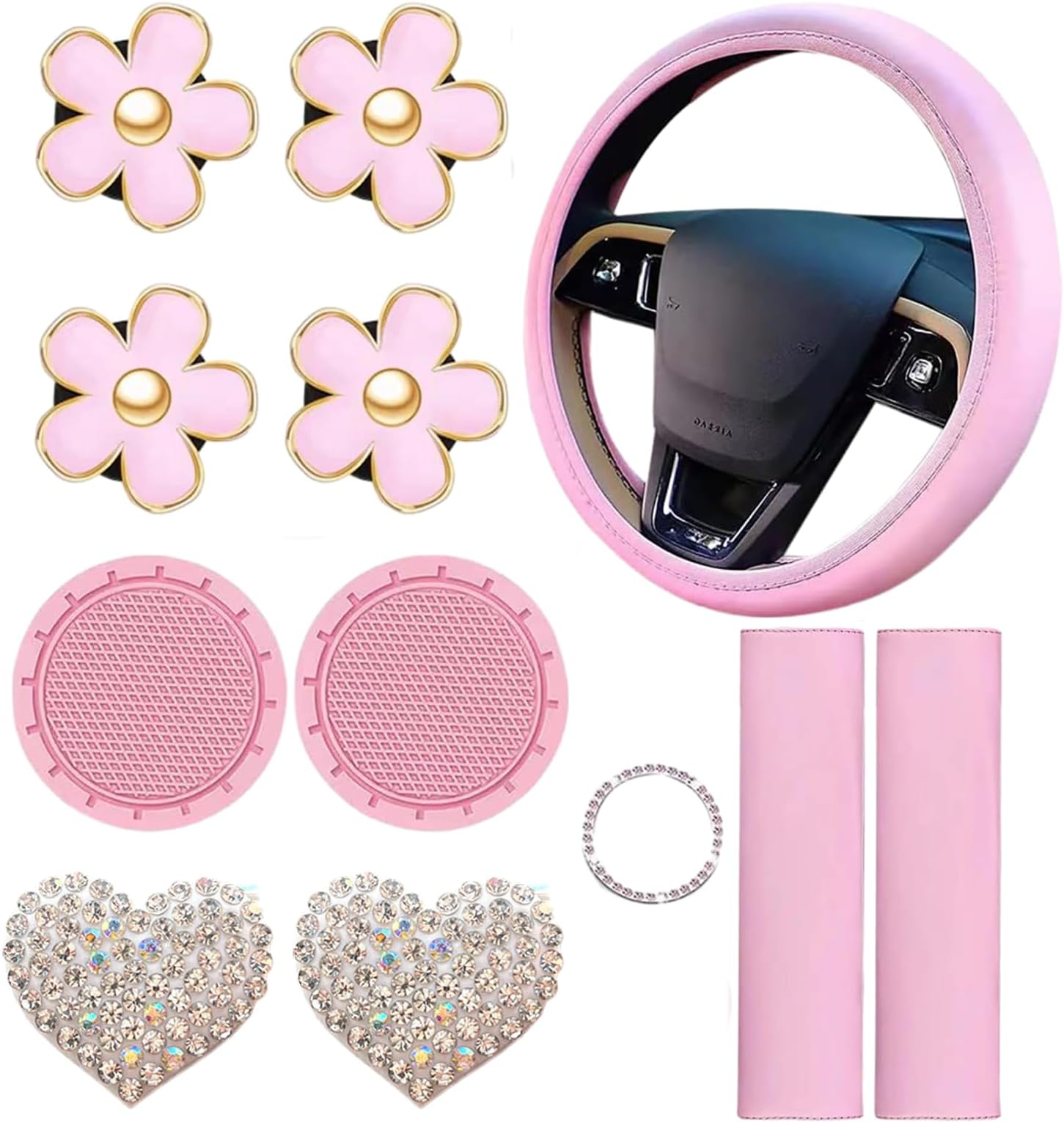 12Pcs Pink Car Accessories, Pink Steering Wheel Cover, Pink Car ...