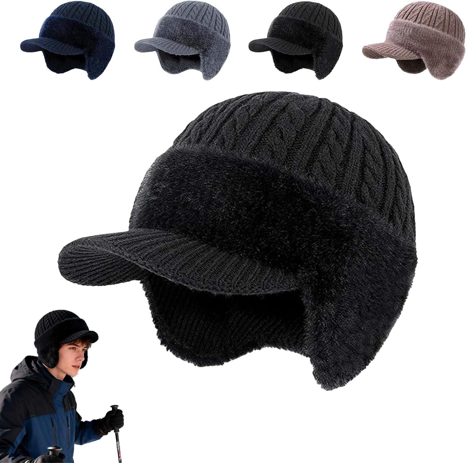 Amazon.com: Trapper Blocking Knitted Hats, Winter Hat with Ear Flaps ...