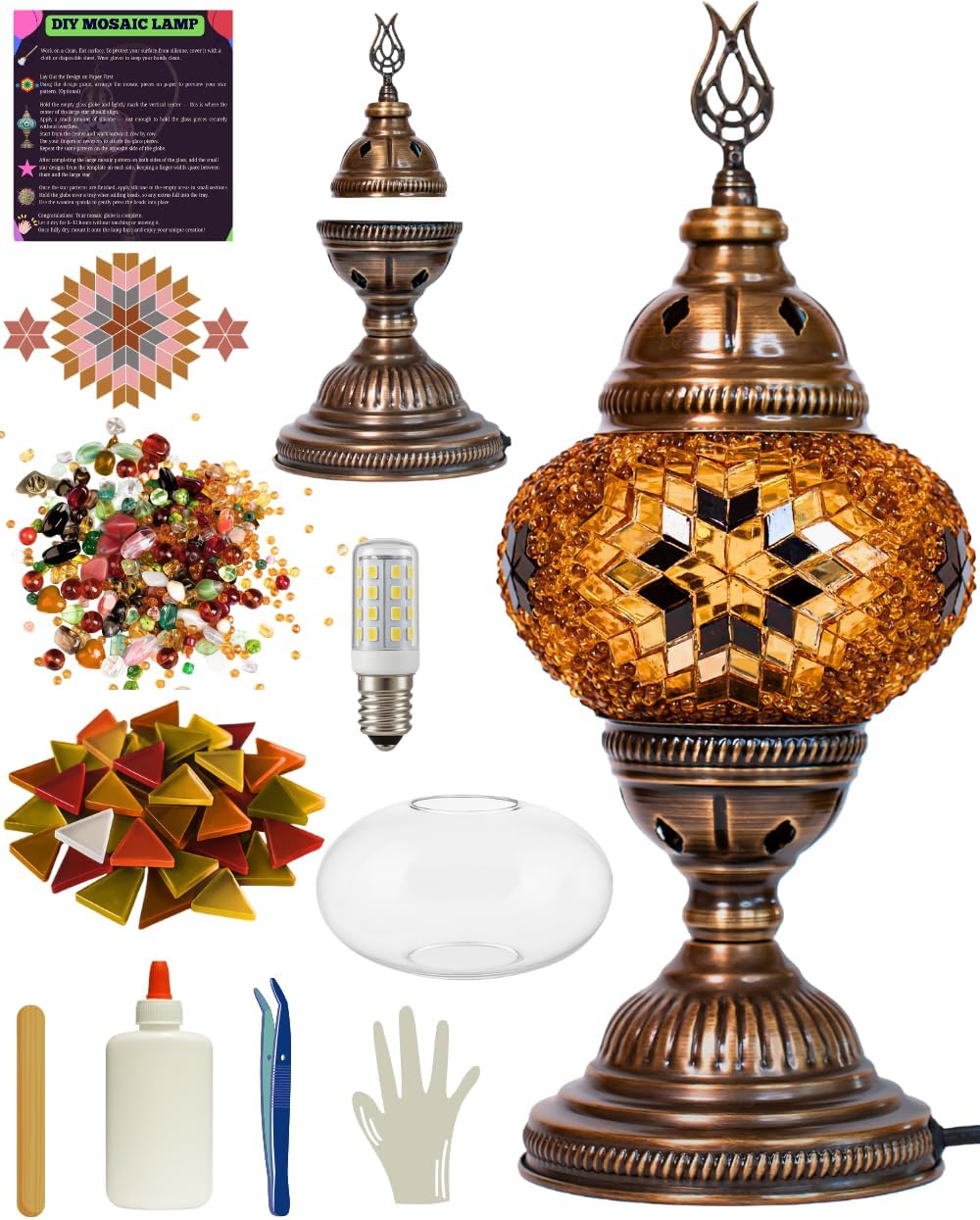 DEMMEX DIY Turkish Mosaic Lamp Making Kit – No Grout Needed – Fun, Easy ...