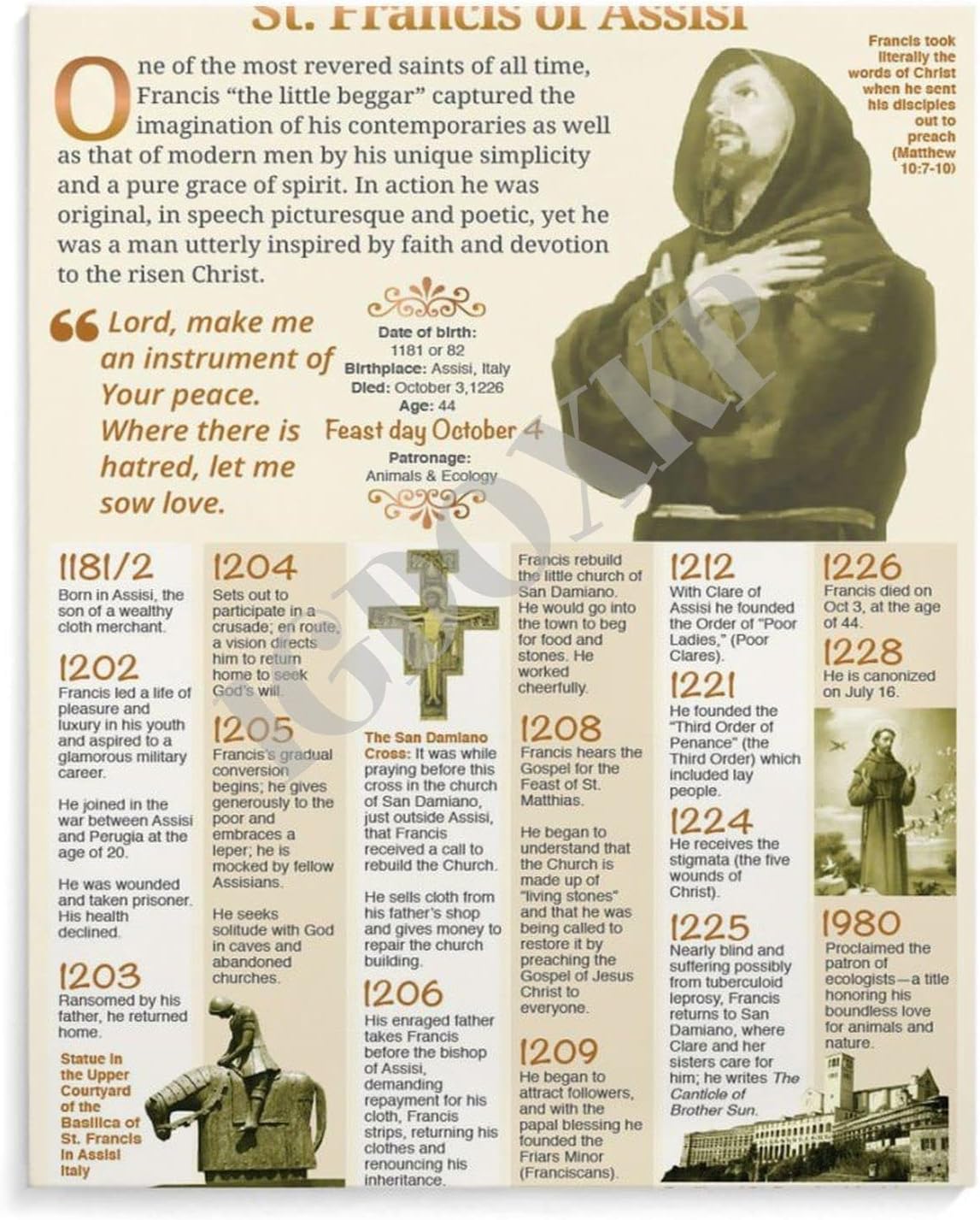 Amazon.com: IGDOXKP St Francis of Assisi Infographic Poster Catholic ...