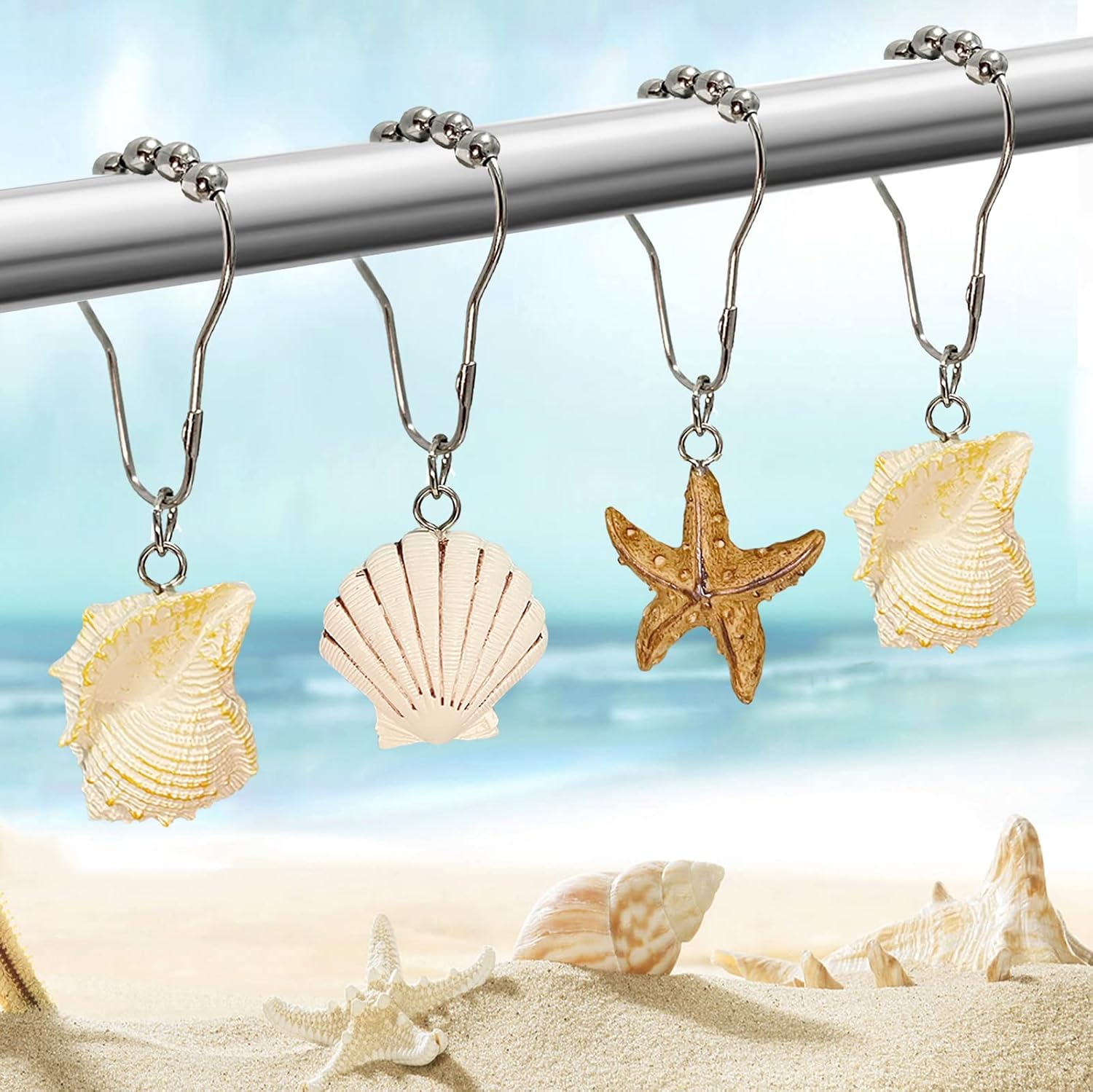 Amazon.com: Beach Shower Curtain Hooks, Starfish Seashell Shower ...