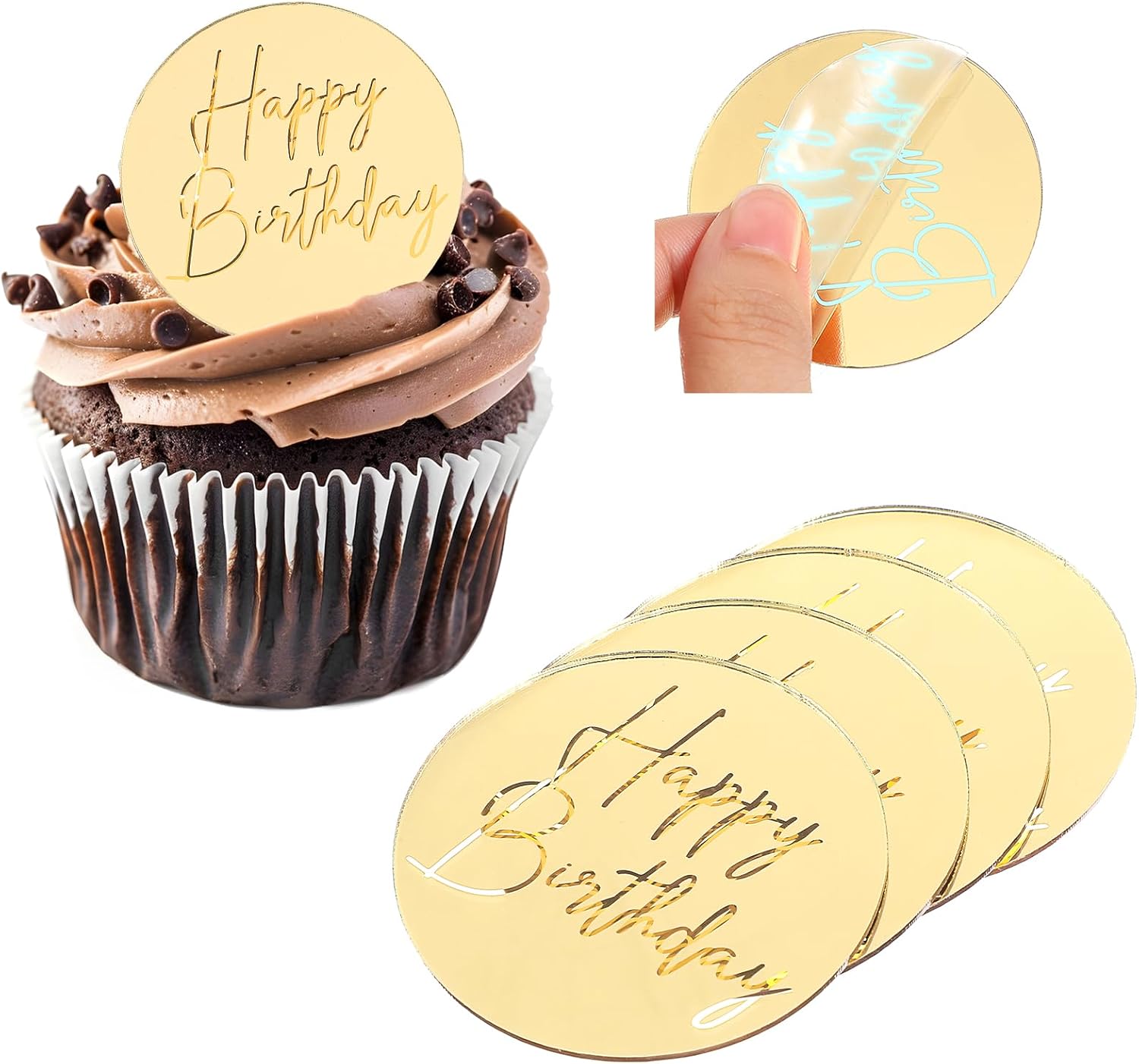 Matwsec 24 Pcs Gold Mirror Acrylic Cupcake Toppers, Round Happy ...