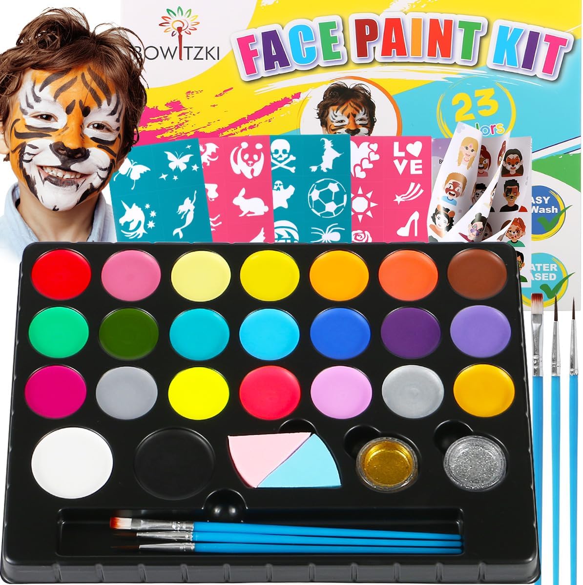 Amazon.com : Bowitzki Face Painting Kit for Kids 23 Colors Water Based ...