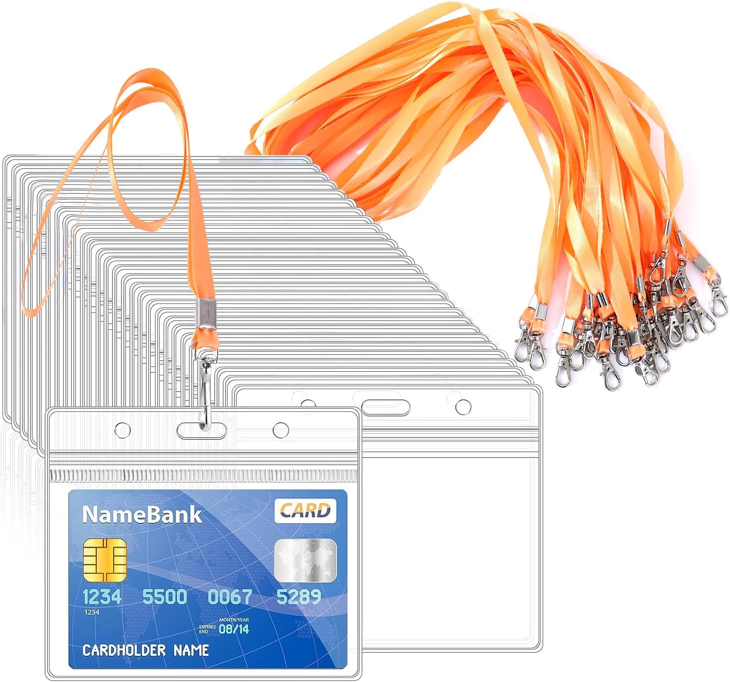 50pcs Orange Lanyards for Neck with 50pcs Card Holder, Clear Plastic ID ...