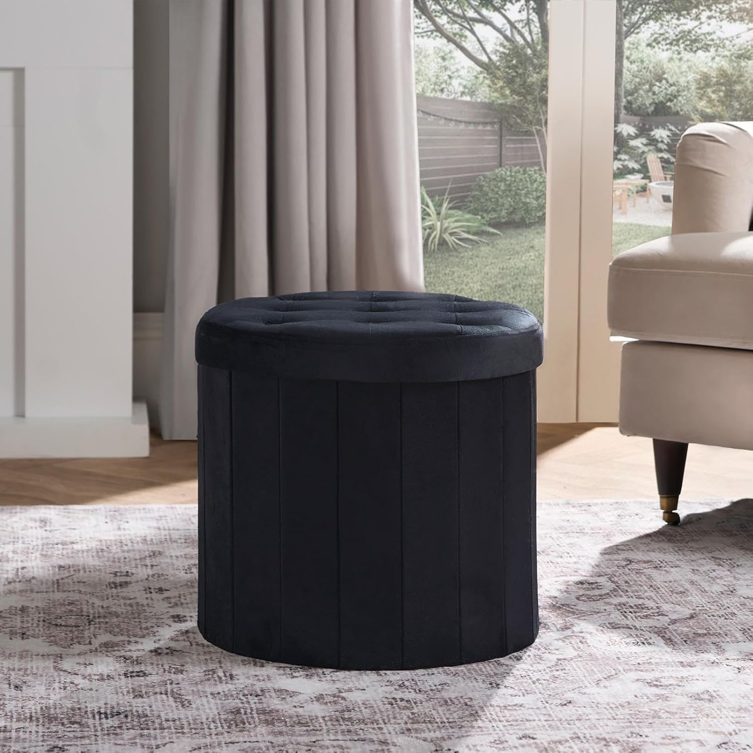 OHS Black Round Ottoman Storage Box Matte Velvet, Upholstered Storage ...