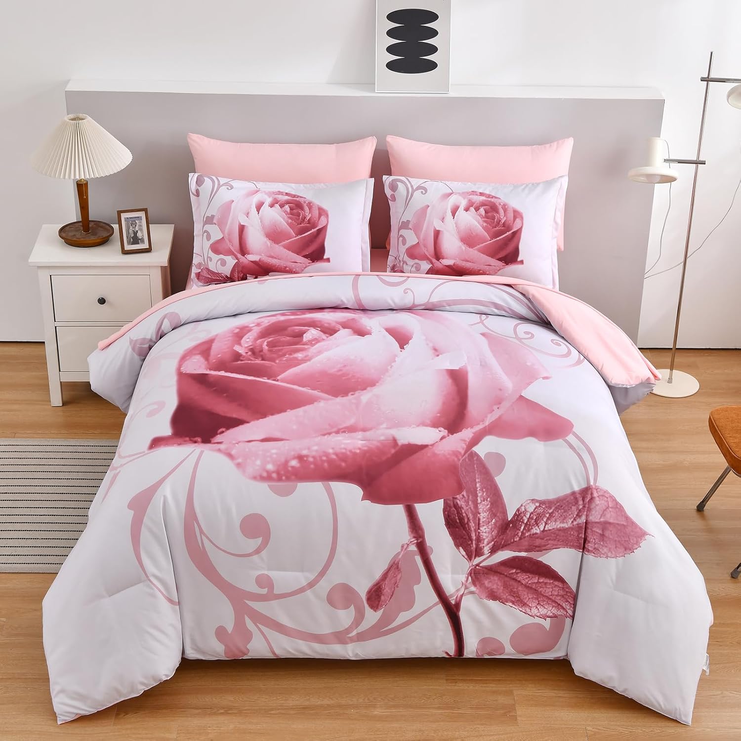 Amazon.com: Pink Comforter Set King 7 Piece Bed in a Bag Pink Rose ...