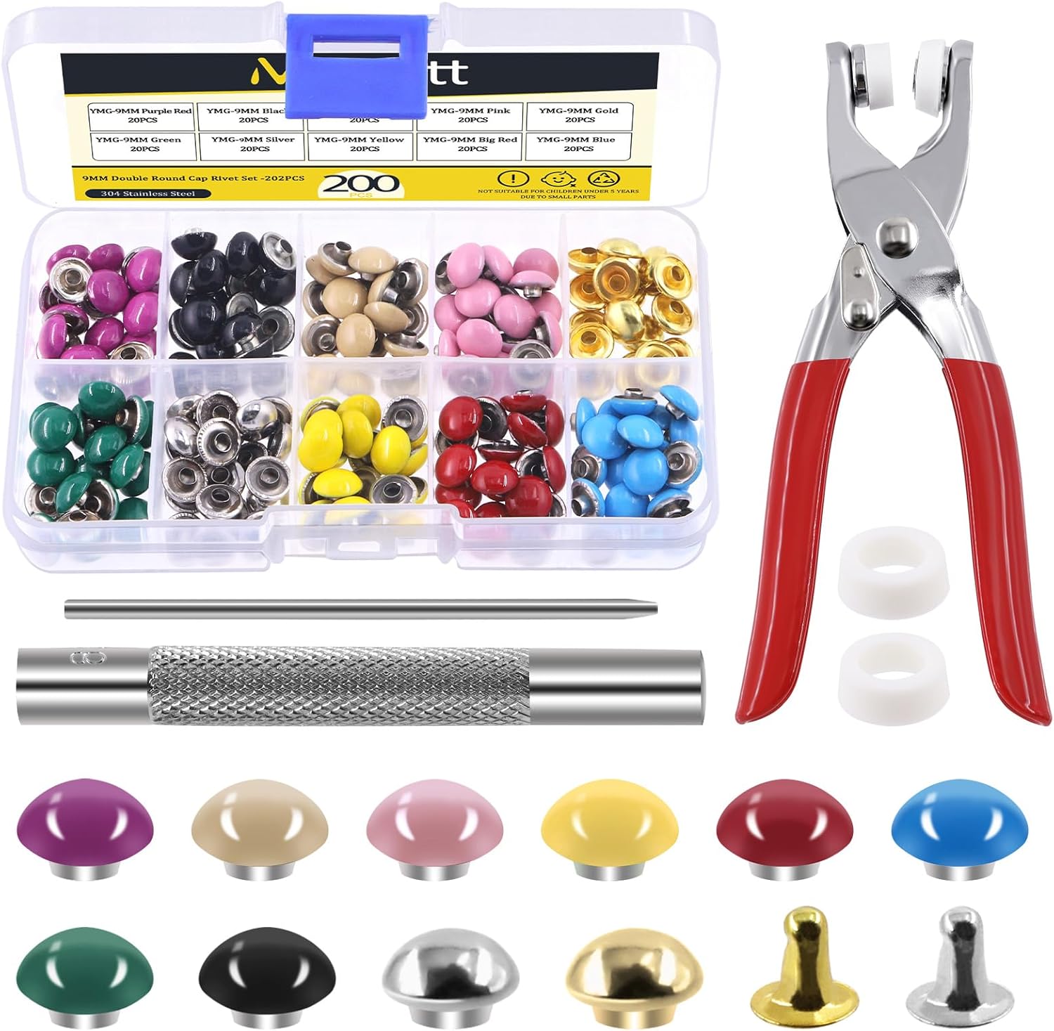 Amazon.com: Mardatt 200 Sets 9mm Double Round Cap Leather Rivets with ...