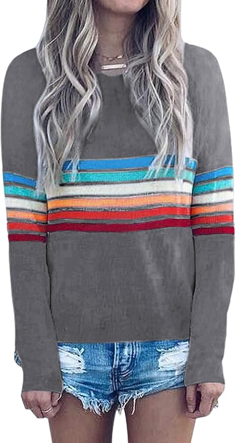 ECOWISH Women's Sweater Rainbow Colorful Striped Sweaters Long Sleeve ...