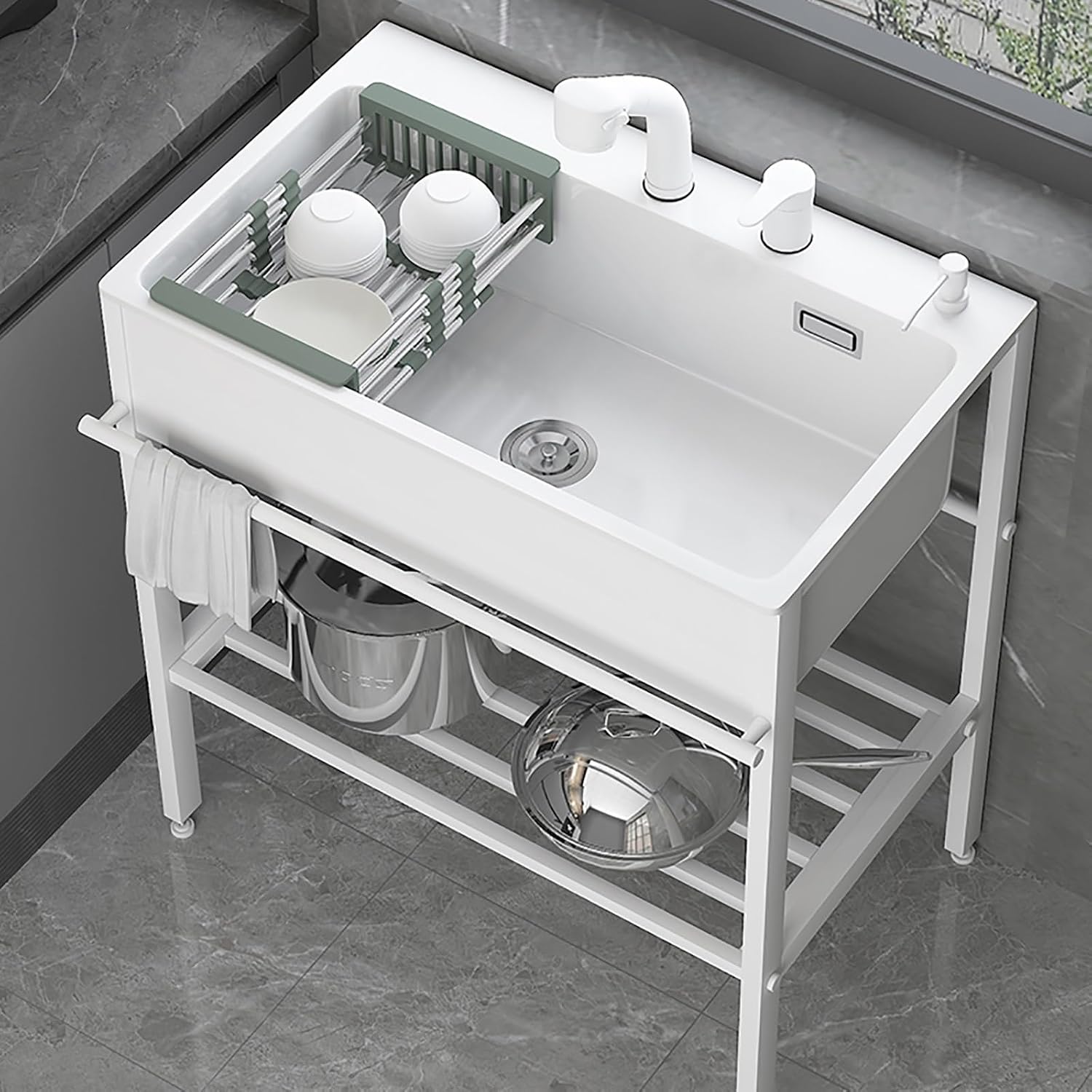 Amazon.co.jp: Freestanding Kitchen Sink - Stainless Steel Single Bowl ...