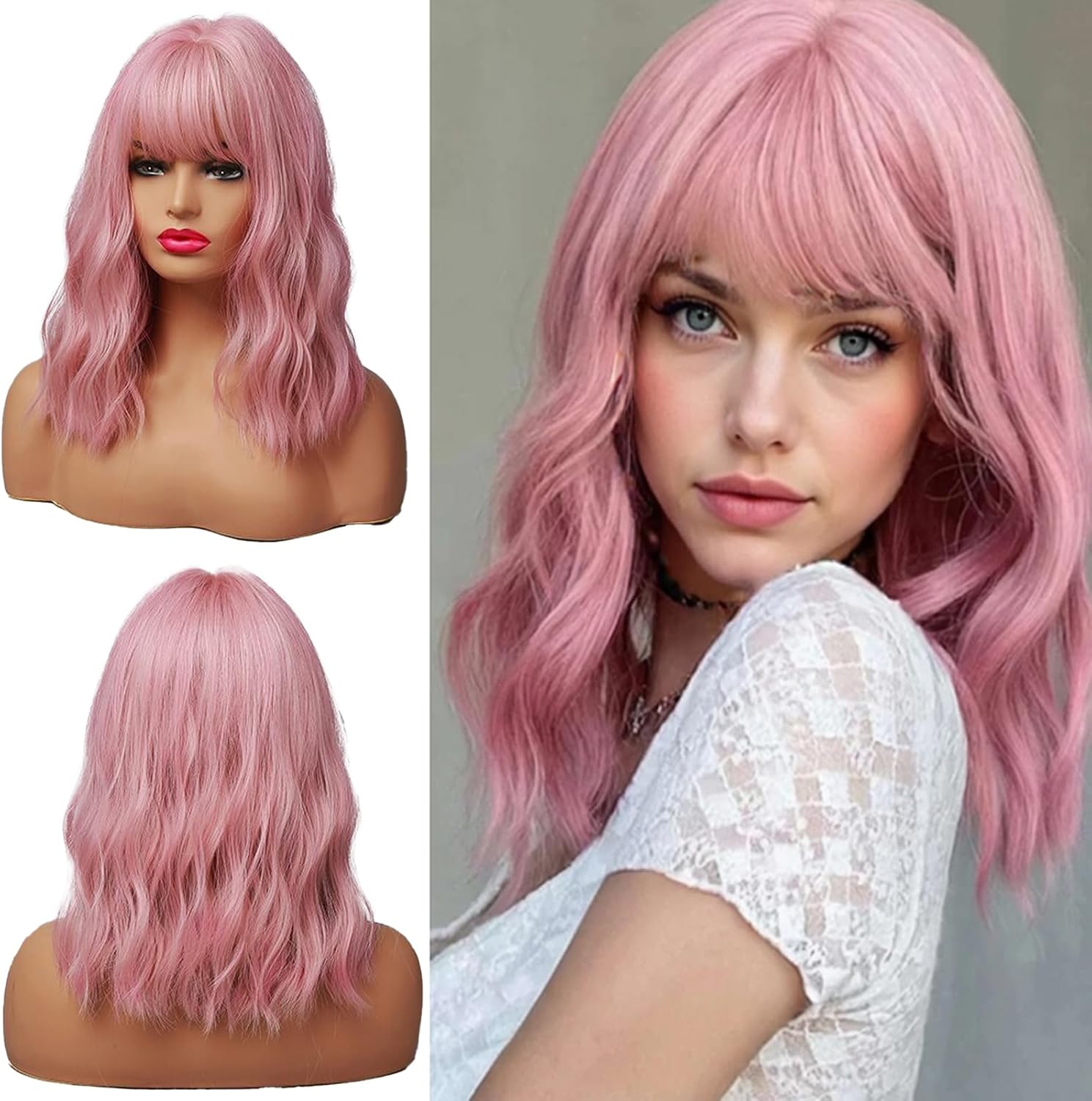 GIEEU Short Wave Pink Bob Wigs for Women - Heat Resistant Synthetic ...