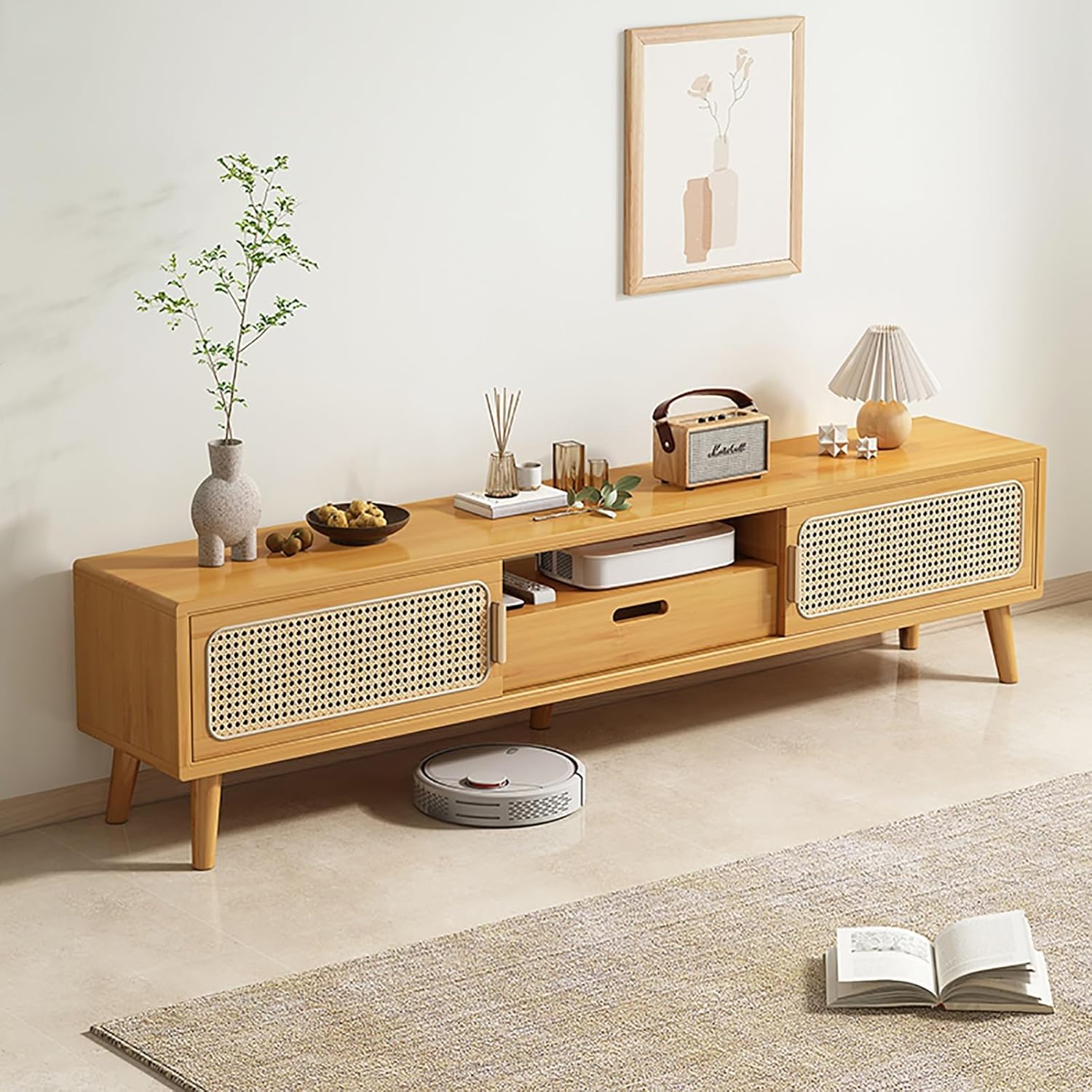 Amazon.com: WOLWES TV Table Bamboo Media Console, Mesh Sliding Door, TV ...