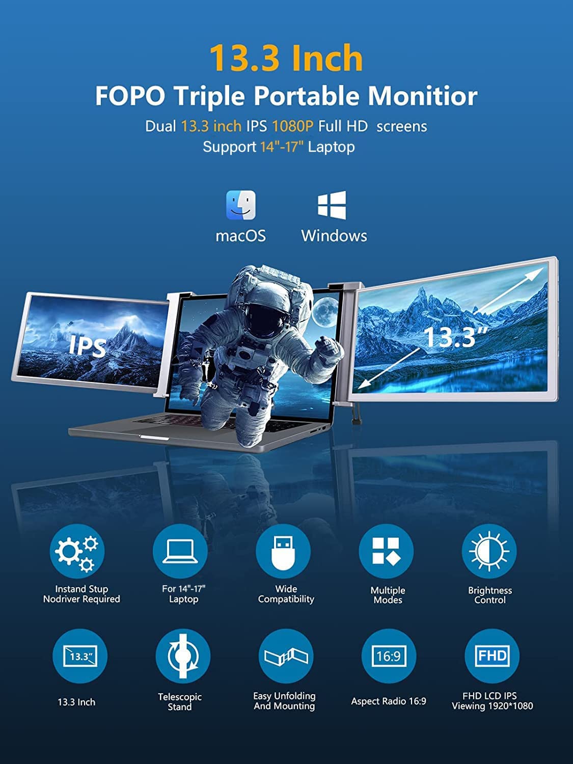 Snapklik.com : FOPO 13.3 Triple Laptop Screen Extender FHD 1080P IPS ...