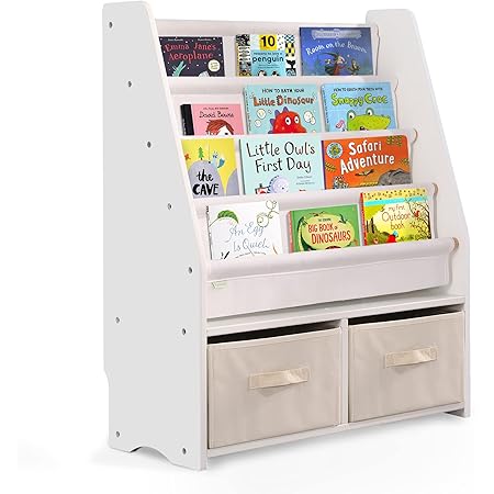 Amazon.com: SEIRIONE Kids Book Rack, 4 Sling Bookshelf, 2 Storage Boxes ...