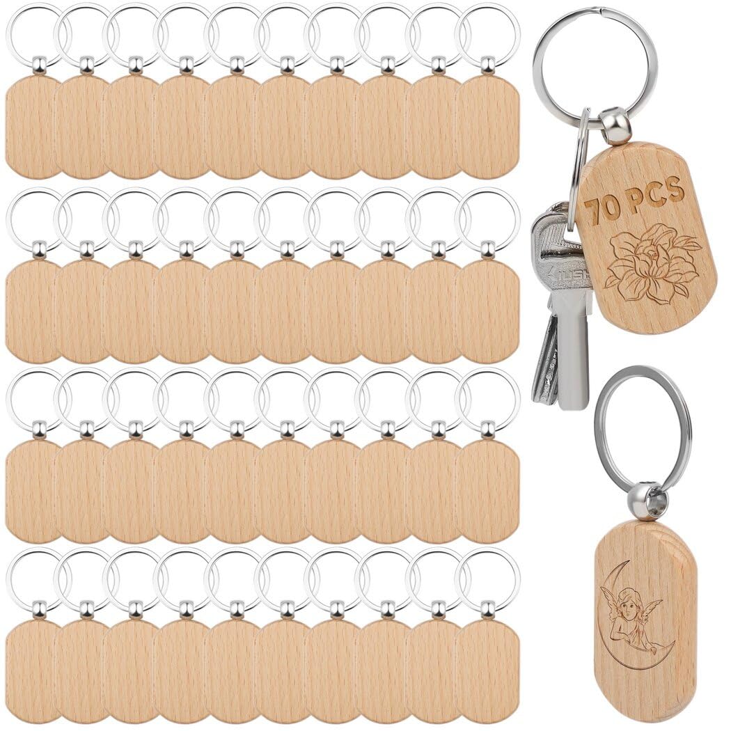 Amazon.com: 70 PCS Wooden Keychains, Engraving Blanks Wooden Blank ...