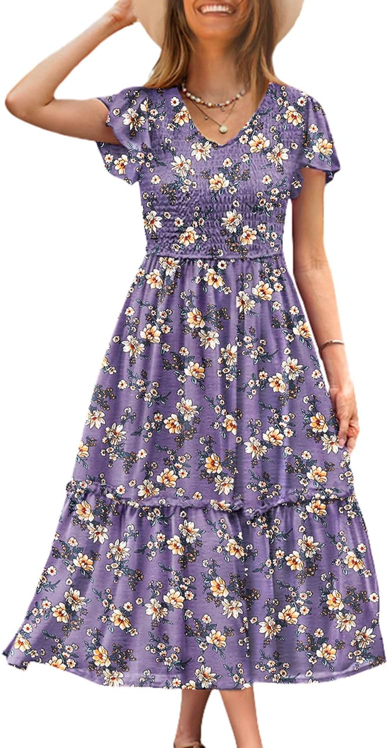 YESNO Women Summer Boho Floral Casual Dresses V Neck Ruffle Cap Sleeve Smocked Midi Dress with ...