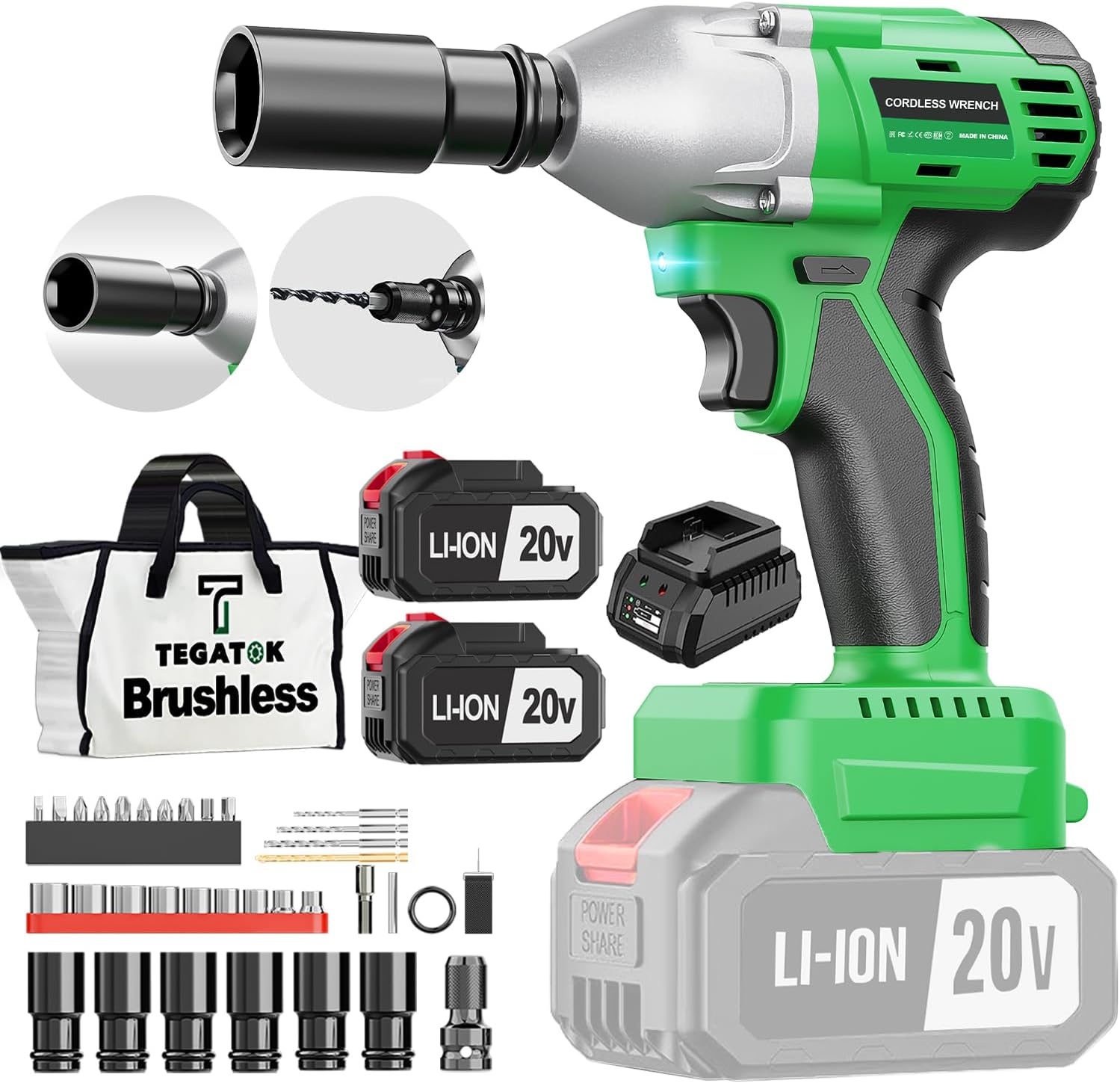 Tegatok Cordless Brushless Impact Wrench, Impact Gun 1/2 Inch(430N.m ...