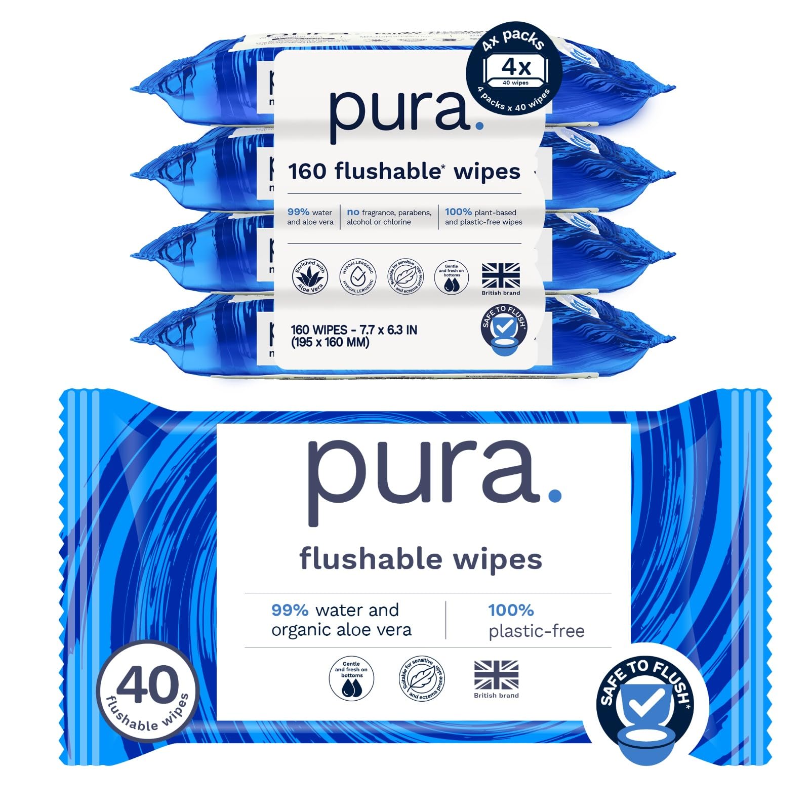Amazon.com: Pura Adult Flushable Unscented Wipes, 4 Packs of 40 Toilet ...