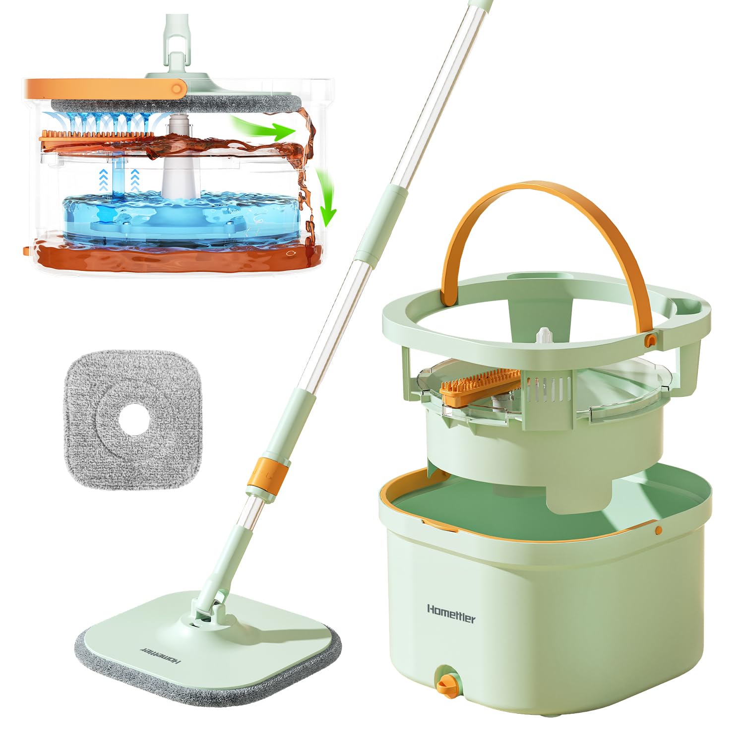 HoMettler Mop and Bucket with Wringer Set Mini Flat Spin Microfiber ...