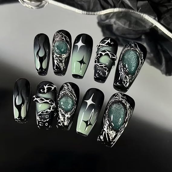Amazon.com: 24Pcs Square Press on Nails Medium Punk Fake Nails Green ...