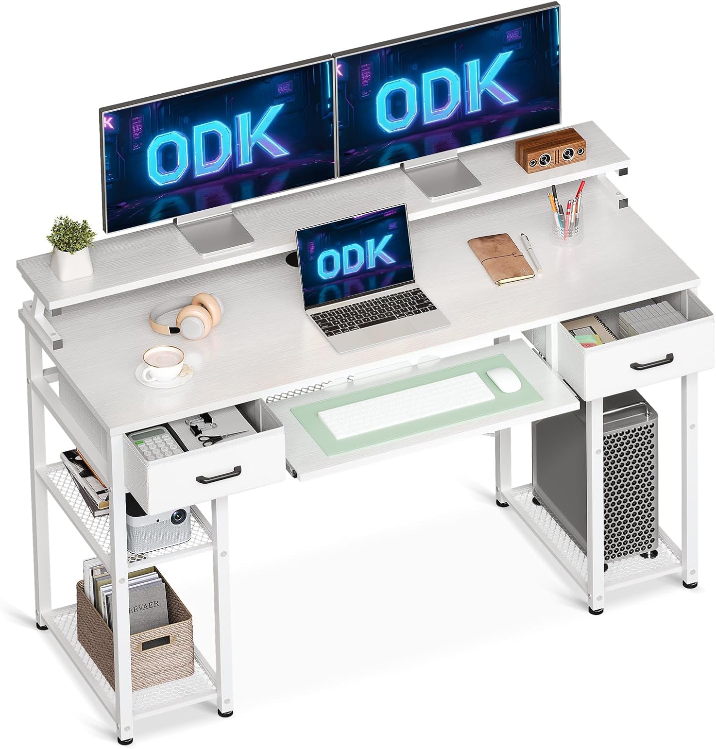 ODK Schreibtisch mit Schubladen, Computertisch mit Regal, Bürotisch mit 120x48x90cm Schreibtisch ...
