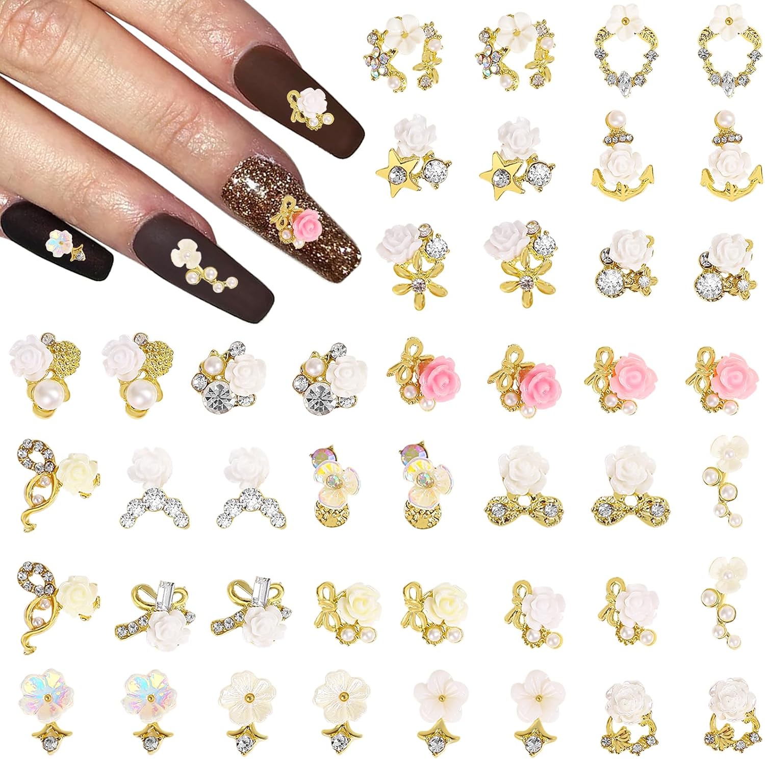 Amazon.com: 44Pcs 3D Flower Nail Charms Pearl Acrylic Flowers for Nails ...