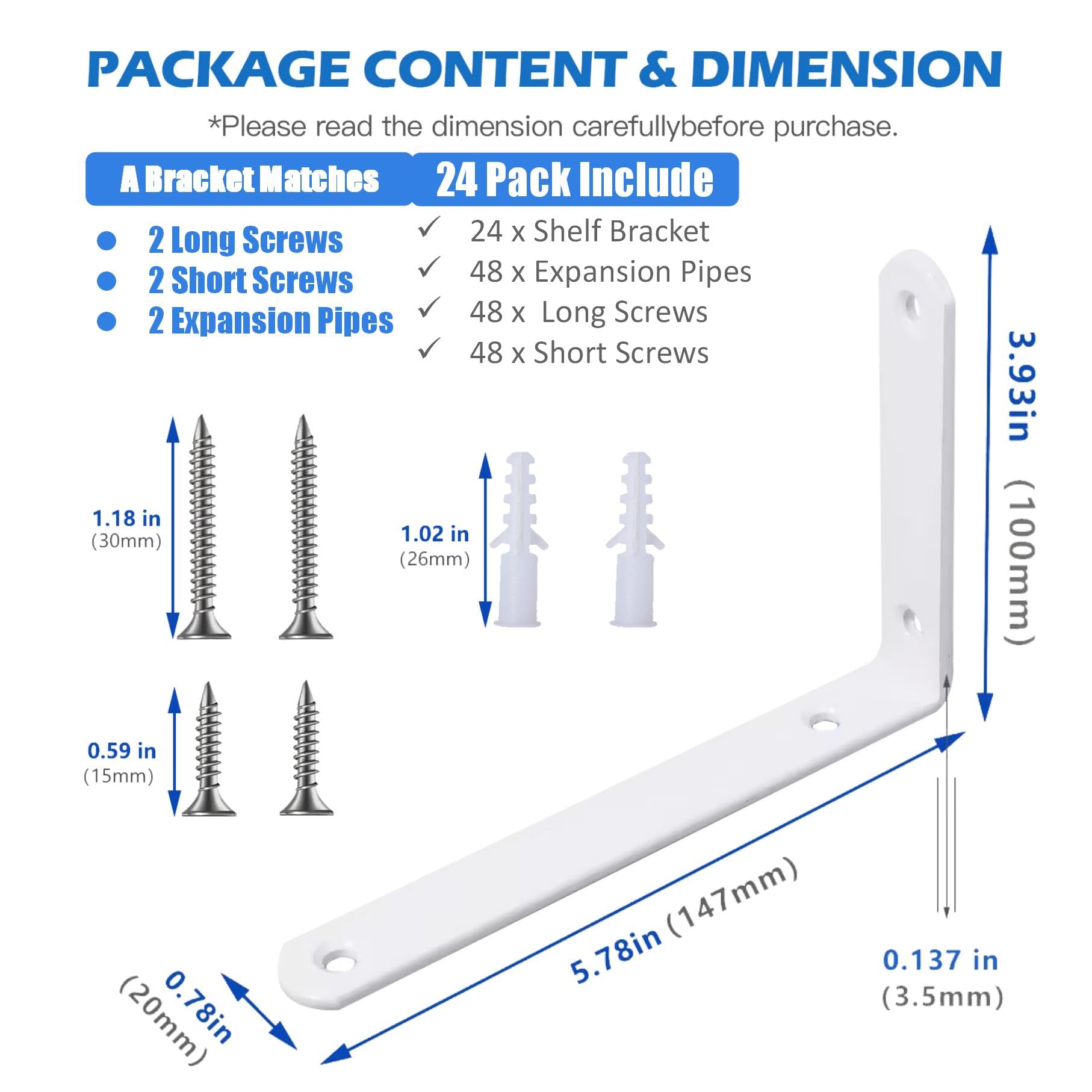 Snapklik.com : 24 Pcs White L Shelf Bracket,6 Inch/147x100x35mm Steel ...