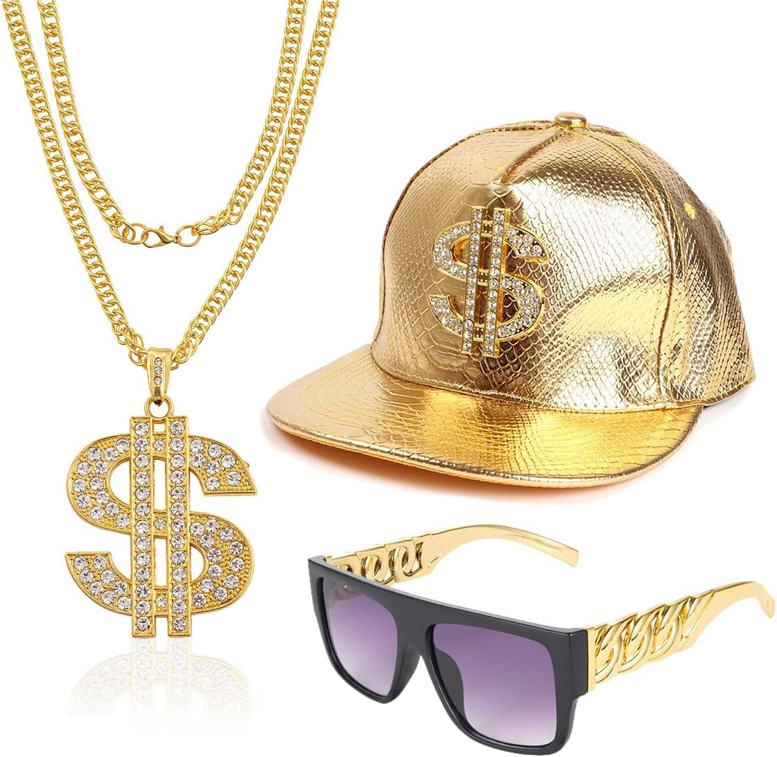 Hip Hop Costume Kit Rapper Hat Sunglasses Dollar Sign Pendant Necklaces ...