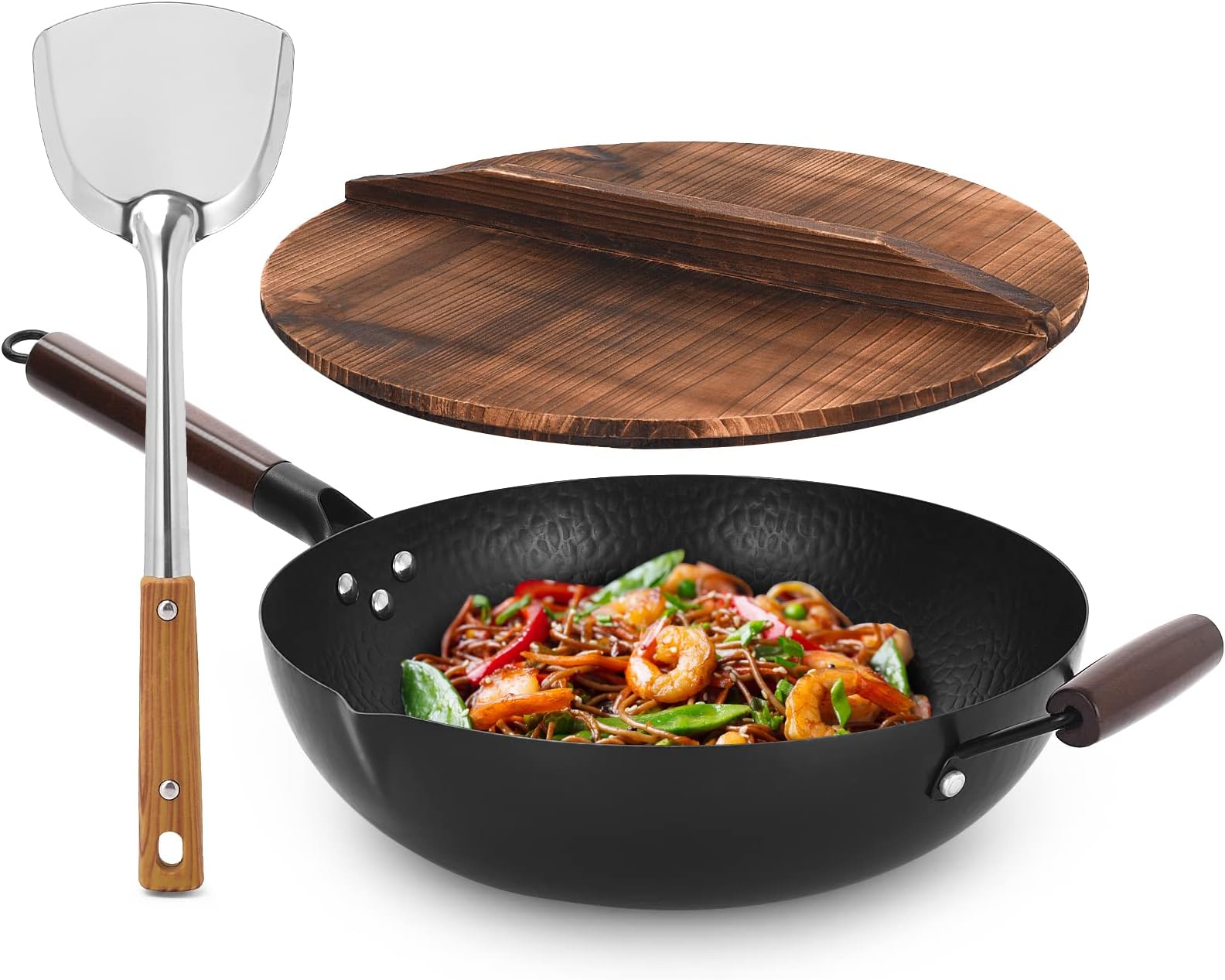 Amazon.com: Cookeriess Hand Hammered Carbon Steel Wok, Wooden Lid ...