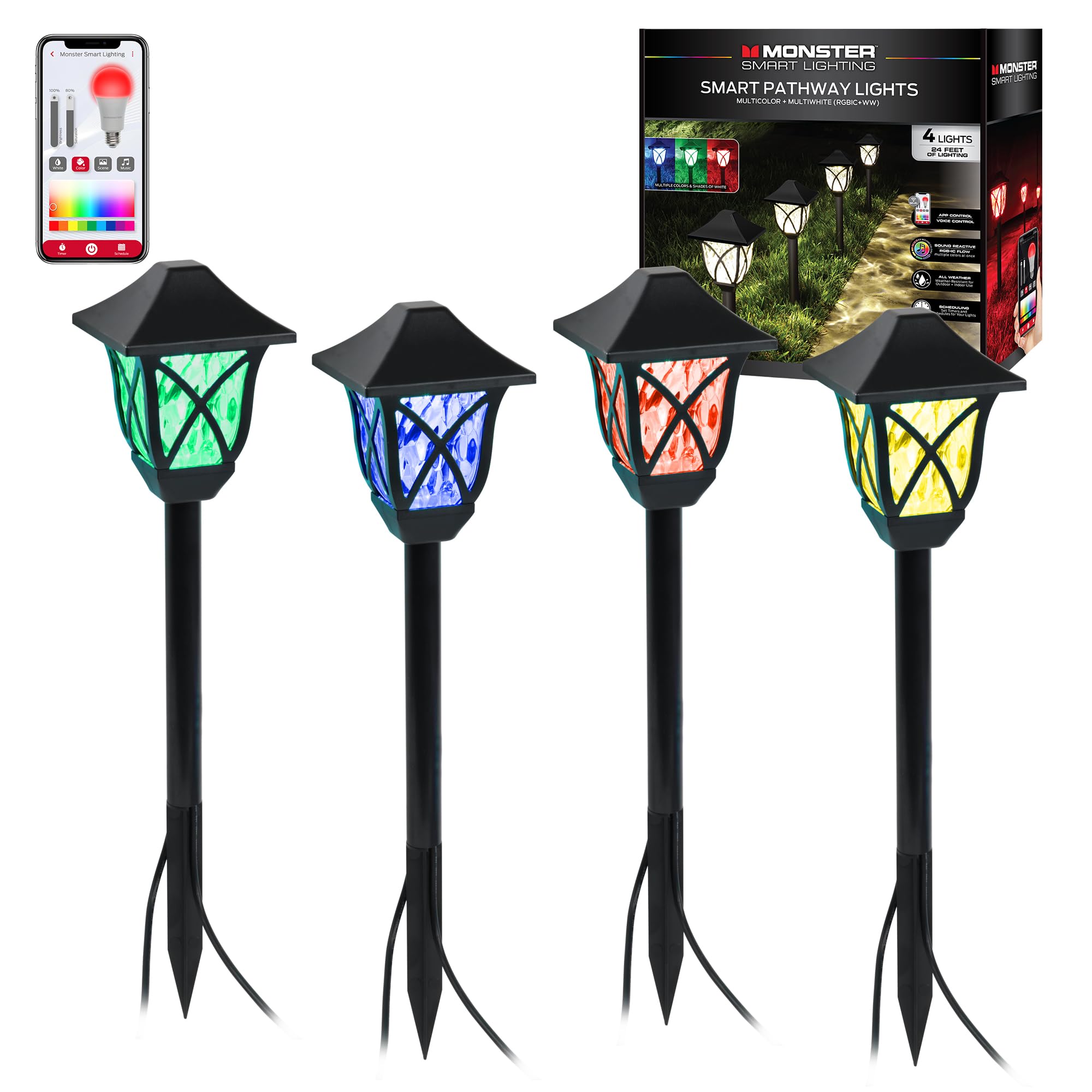 Monster Smart RGB+IC+WW Pathway LED Lights, 4 Individually Controlled ...