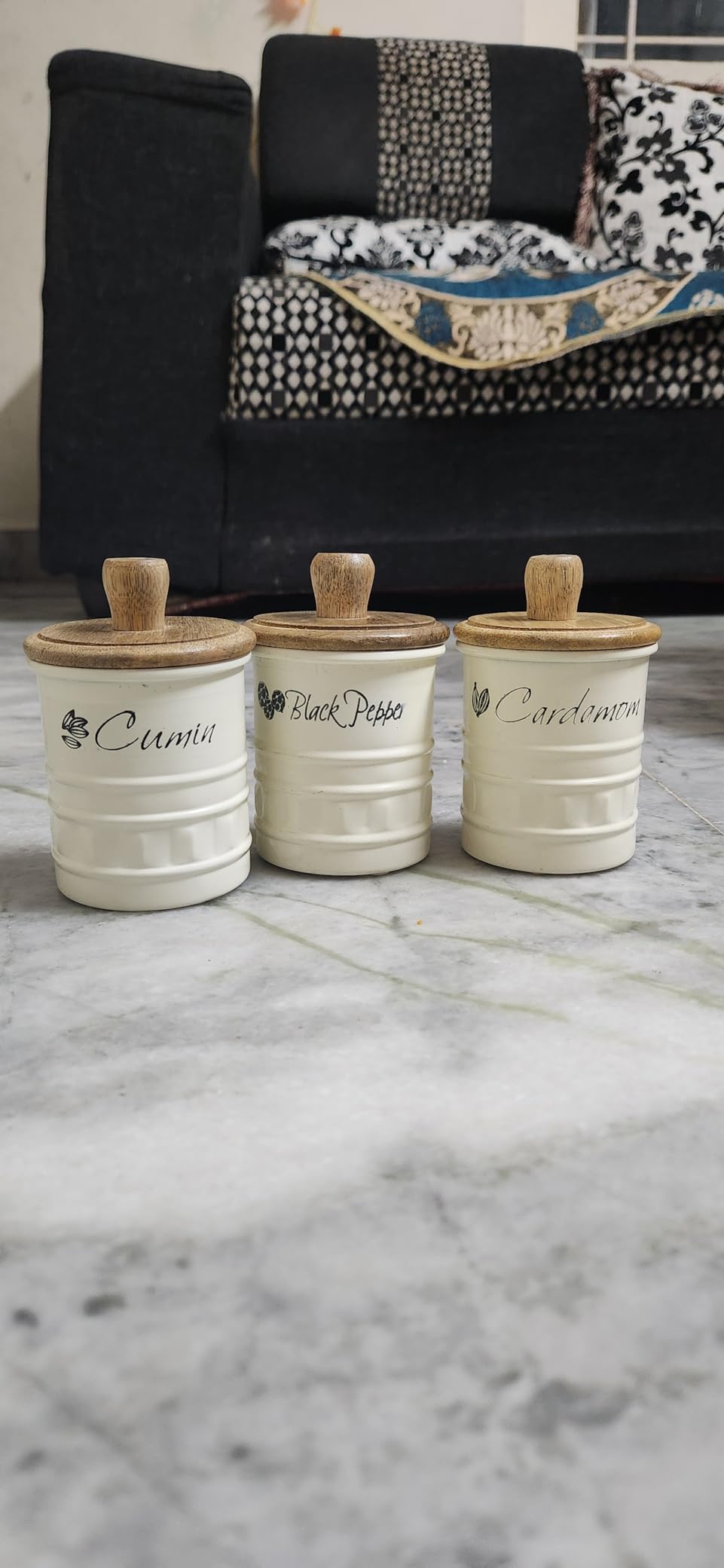 Buy Home Centre Mirage Set of 3 Metal Storage Container with Mango Wood ...