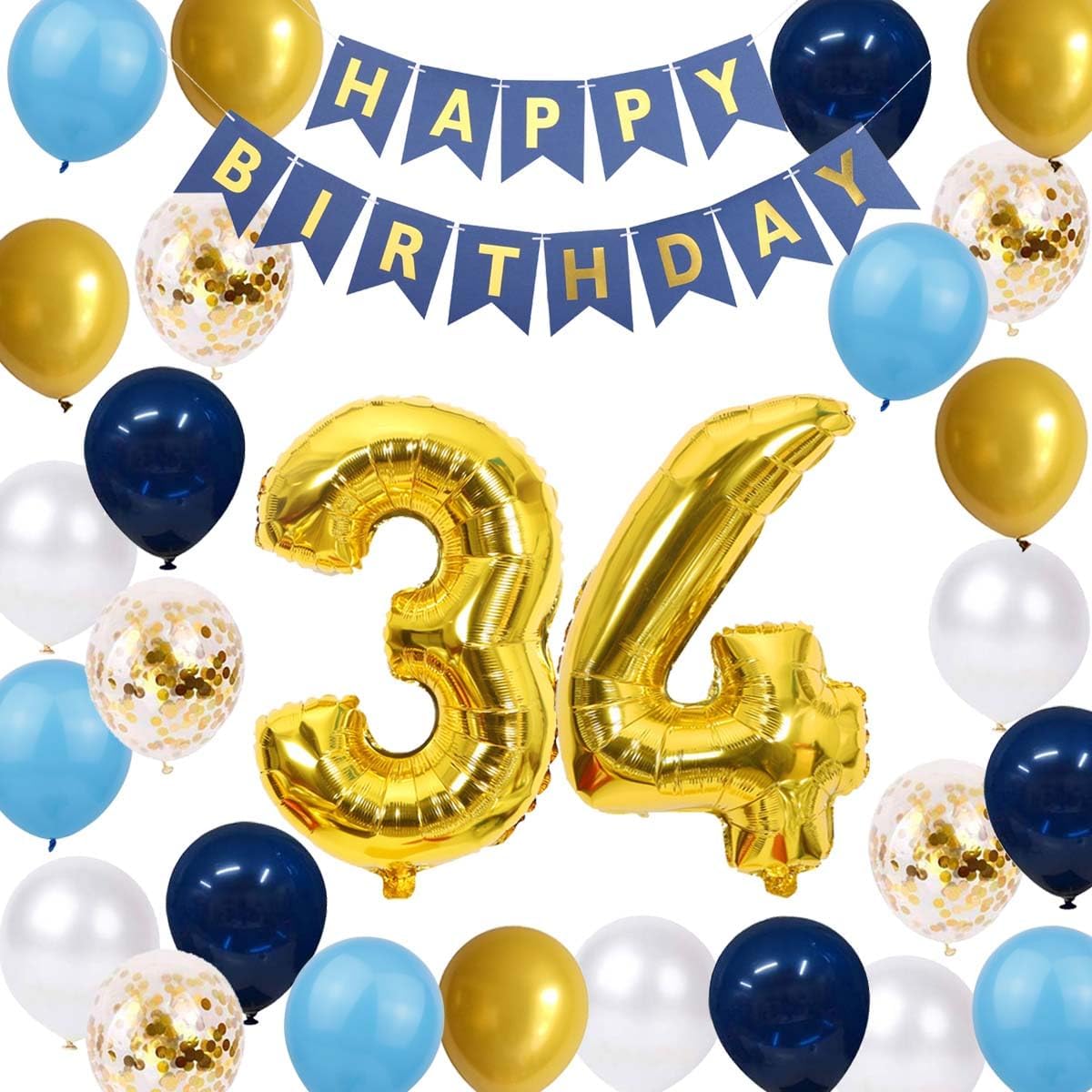 Amazon.com: 34th Birthday Decorations Blue Gold for Men, Happy 34th ...