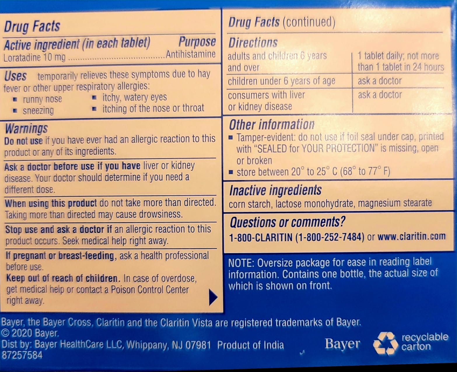 Amazon.com: Claritin 24hr Non-Drowsy Allergy Relief, Loratadine Tablets ...