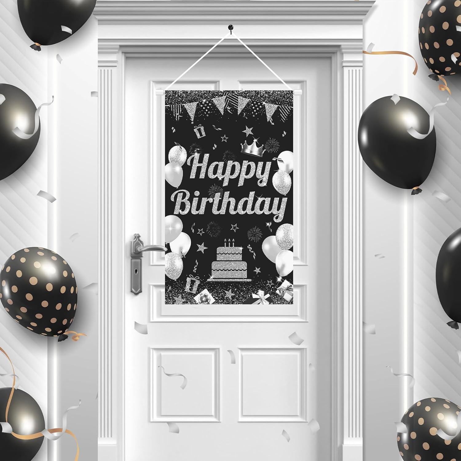Amazon.com: Happy Birthday Door Sign,Black Silver Birthday Door Banner ...