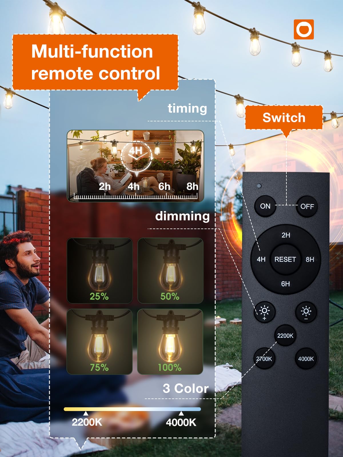 addlon 96FT Remote Outdoor String Lights, 3 Color Patio Lights Dimmable ...