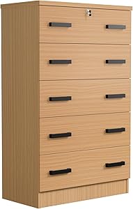 Amazon.com: Cindy 5 Drawer Chest Wooden Dresser with Lock (Beech ...