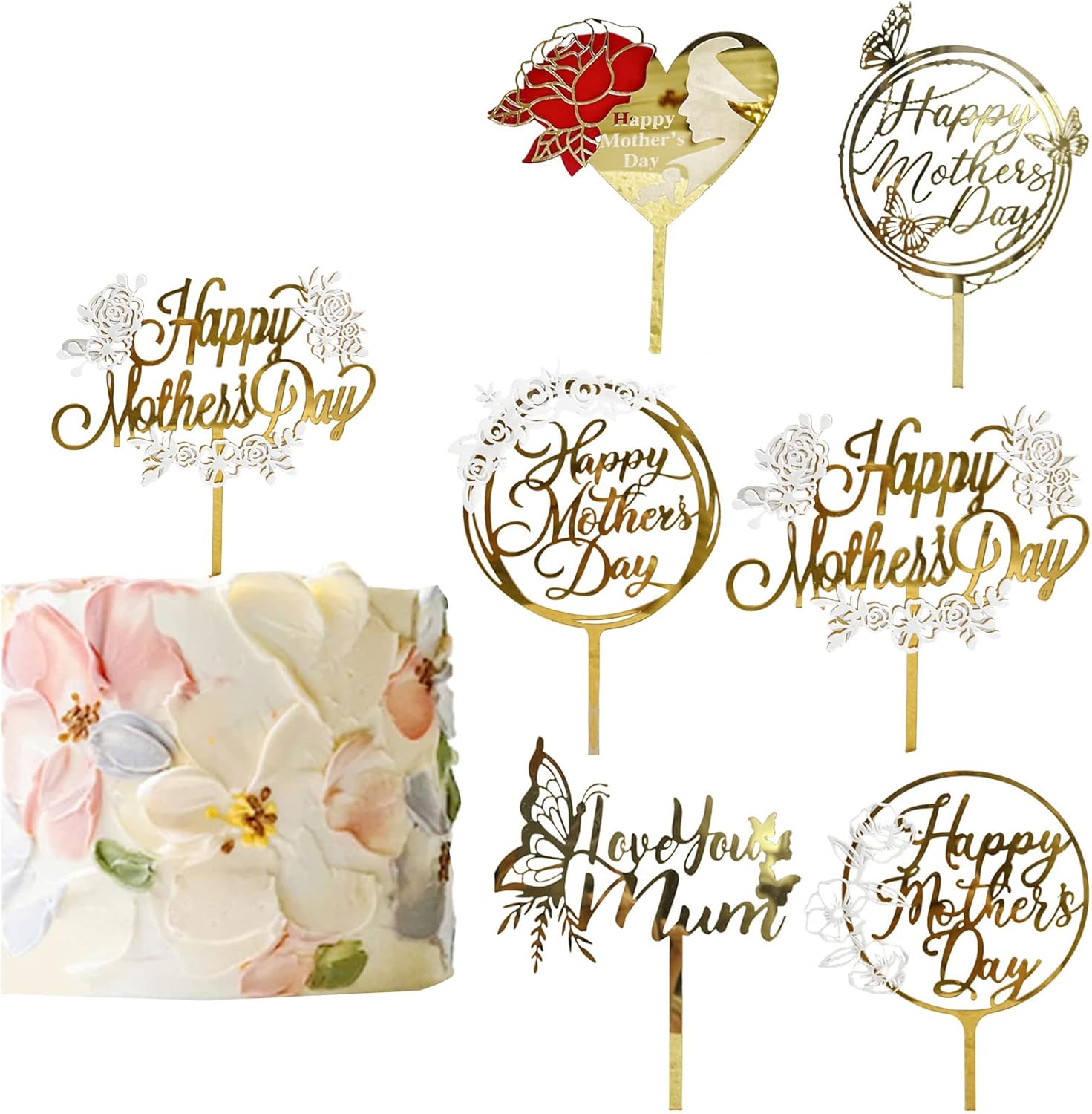 Amazon.com: 6 Pcs Happy Mother’s Day Cake Topper Party Gold Glitter ...