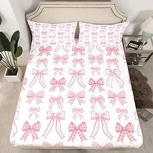 Amazon.com: Manfei Bowknot Kids Fitted Sheet Full Size, Kawaii Pink Bow ...