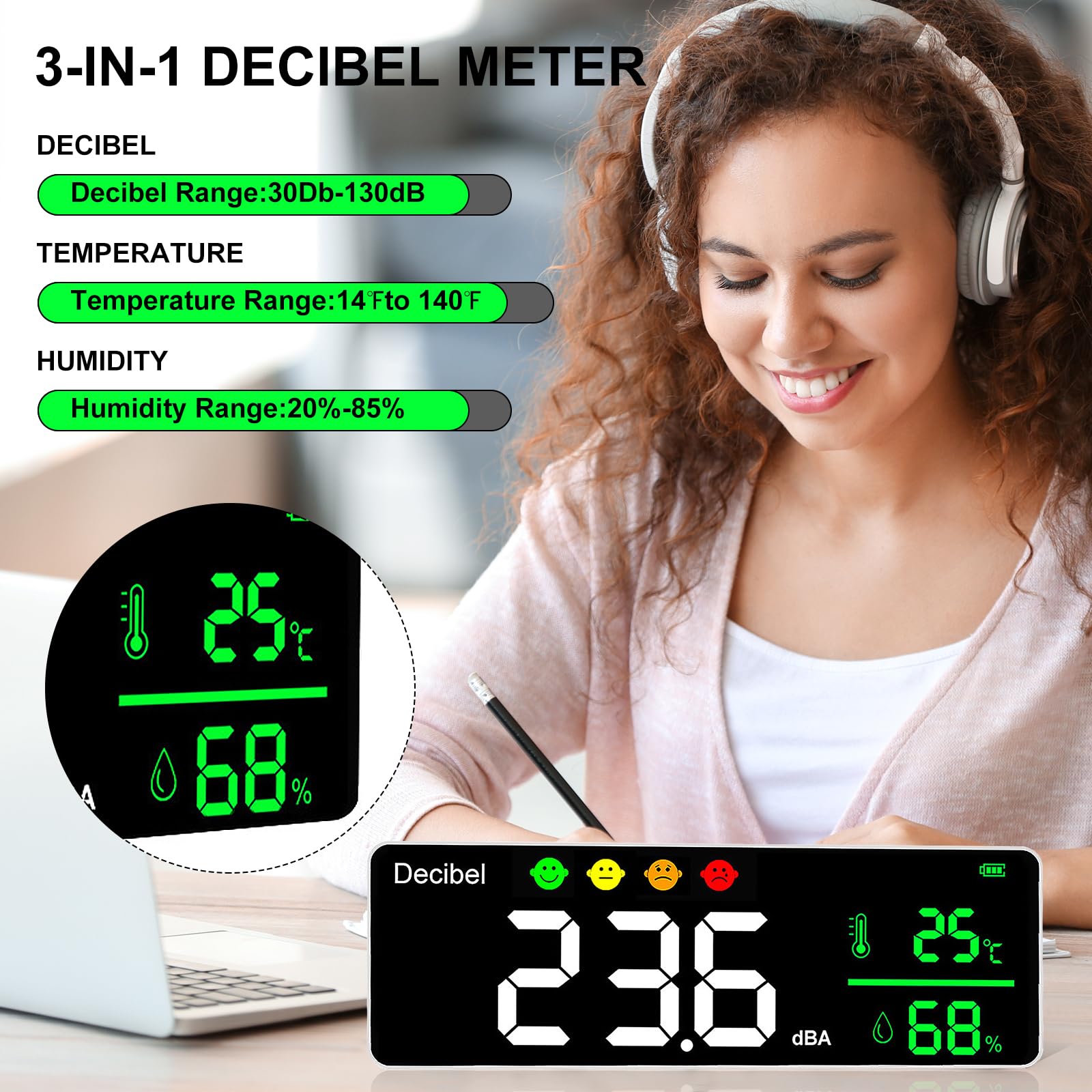 Snapklik.com : 3-in-1 Decibel Meter Wall Hanging Sound Level Meter,11 ...